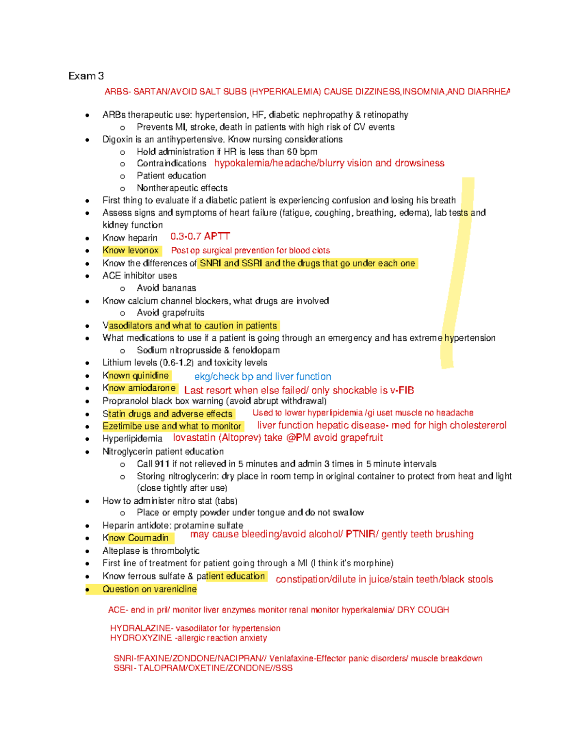 Exam 3 - preperation for exam 3 - Exam 3 ARBs therapeutic use ...