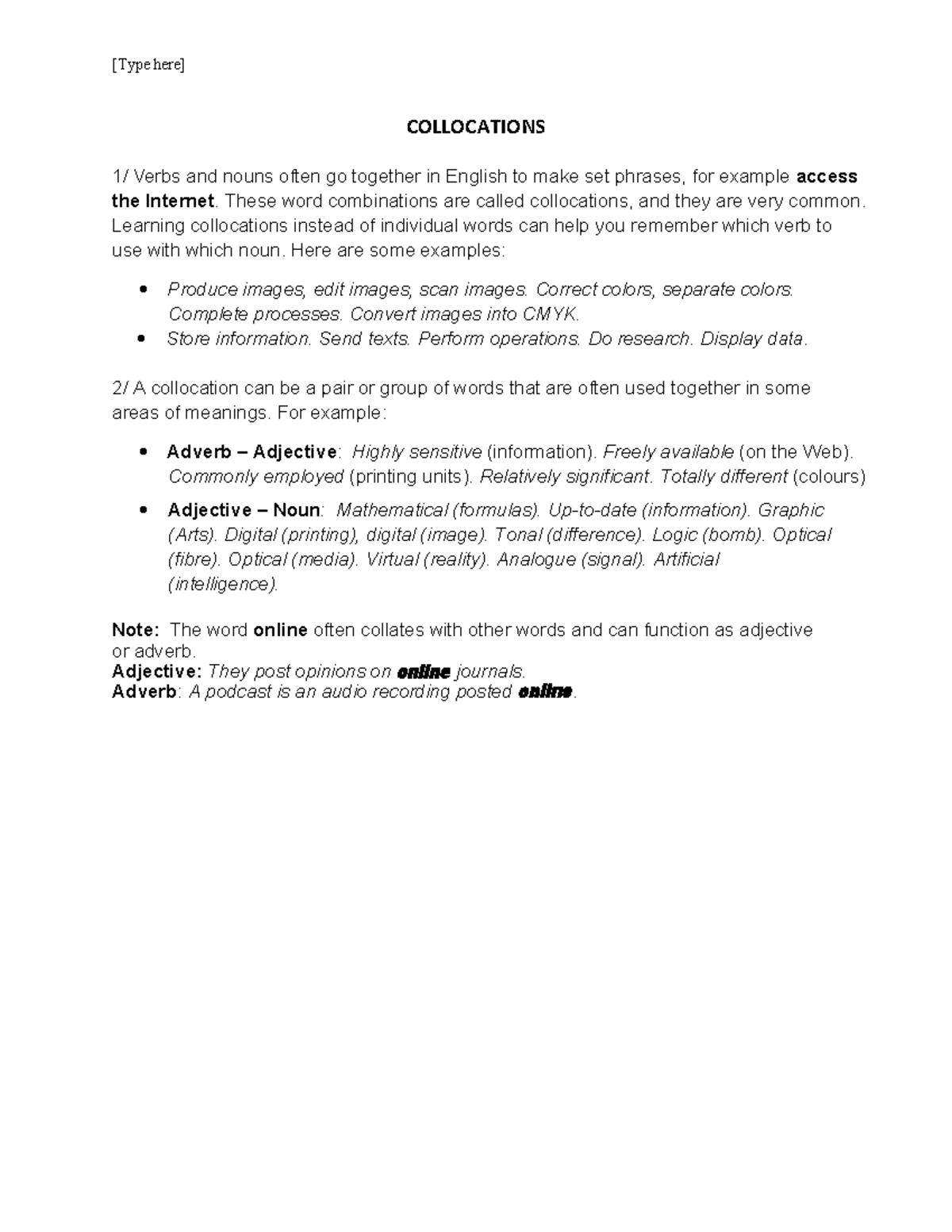 Collocations Presentation - [Type here] COLLOCATIONS 1/ Verbs and nouns ...