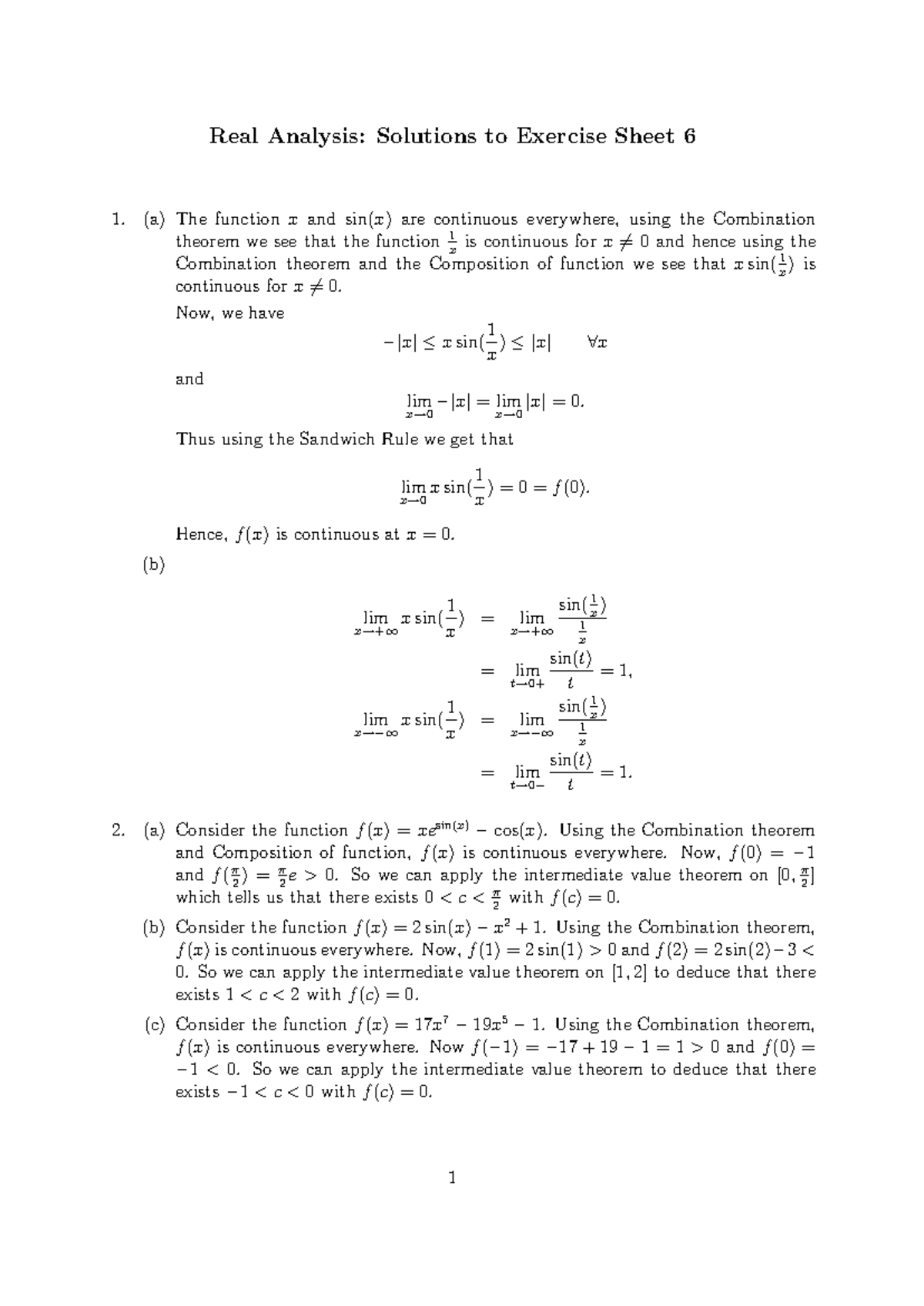 2008-2009 Real Analysis Exercise Sheet 6 - Solutions - Real Analysis: Solutions to Exercise ...