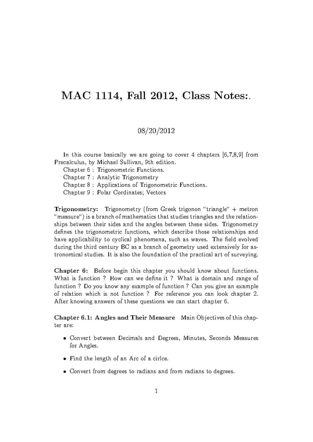 MAC 1114, Fall 2012, Class Notes - MAC Fall 2012, Class Notes:. In this ...