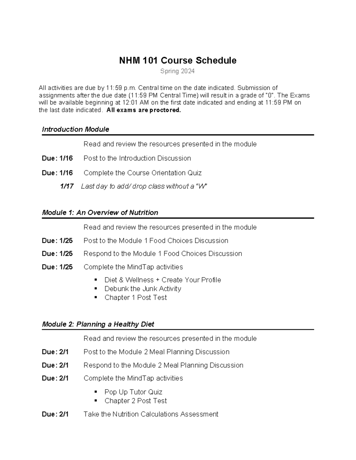 NHM-101 Schedule - NHM 101 Course Schedule Spring 2024 All activities ...