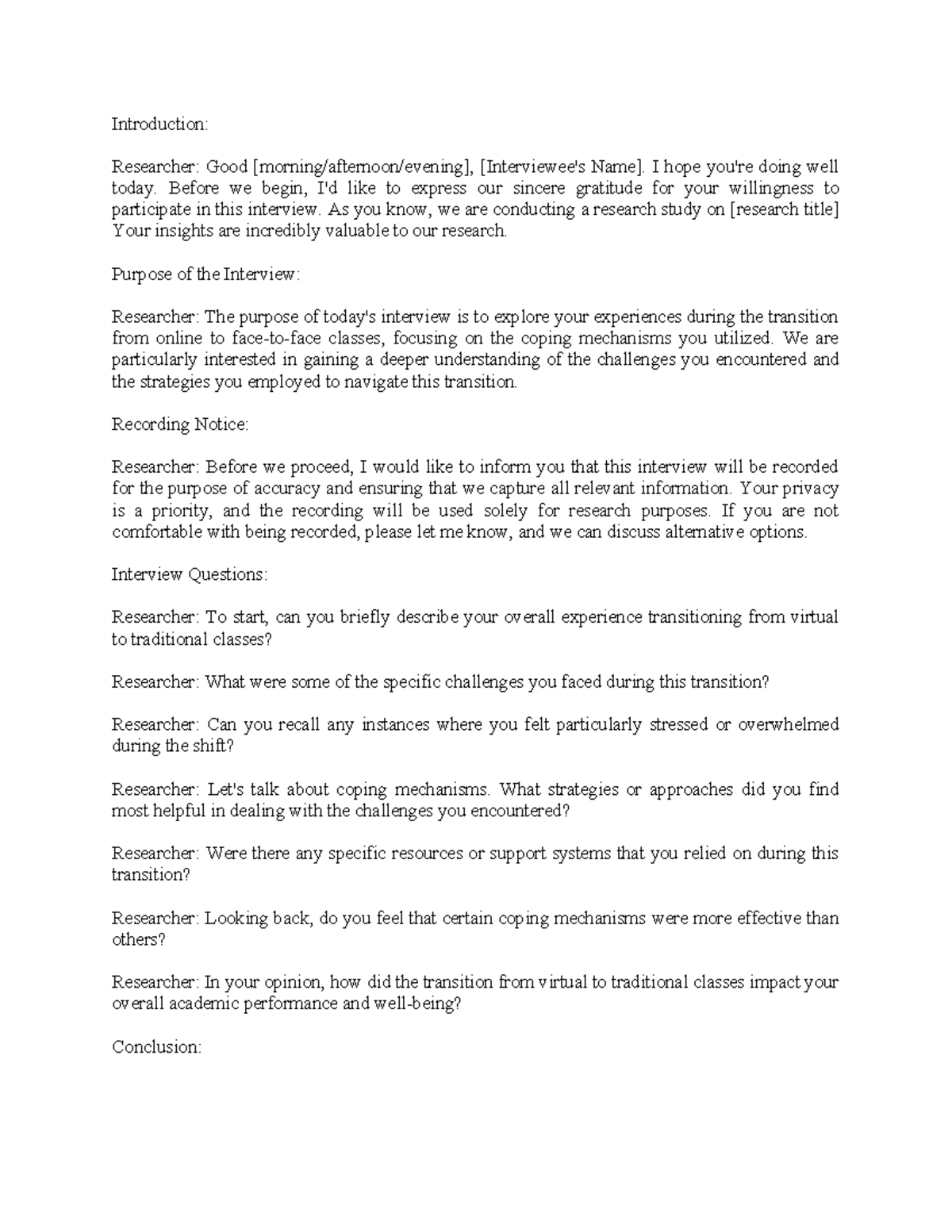 Interview Script - Introduction: Researcher: Good [morning/afternoon ...