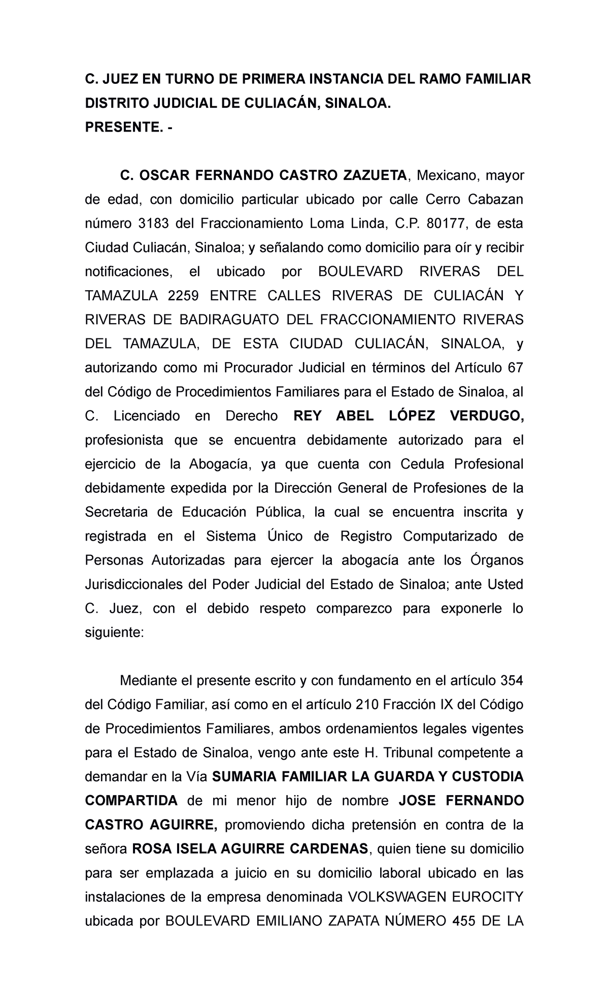 Escrito Inicial Custodia Compartida Compadre JOTO DEL Diego 29 DE ...