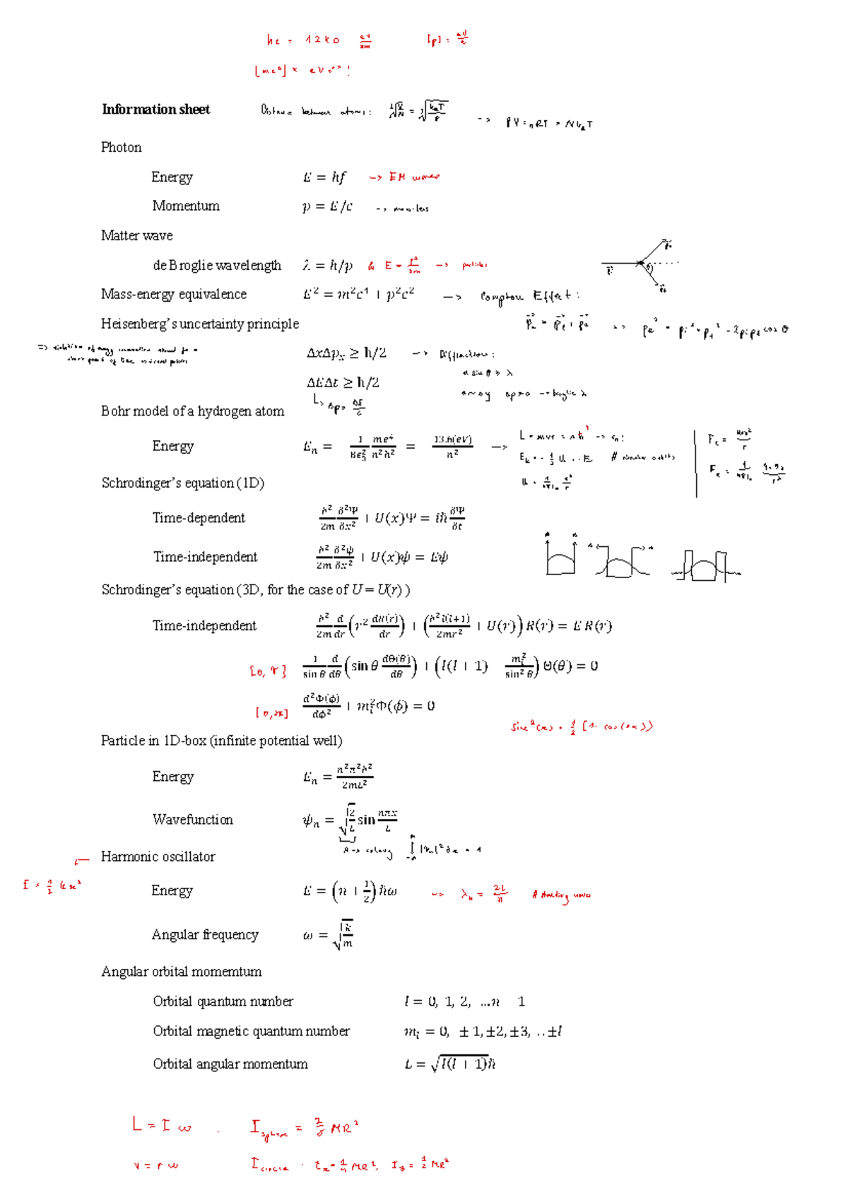 Equation Sheet - Information sheet Photon Energy! = ℎ$ Momentum ...