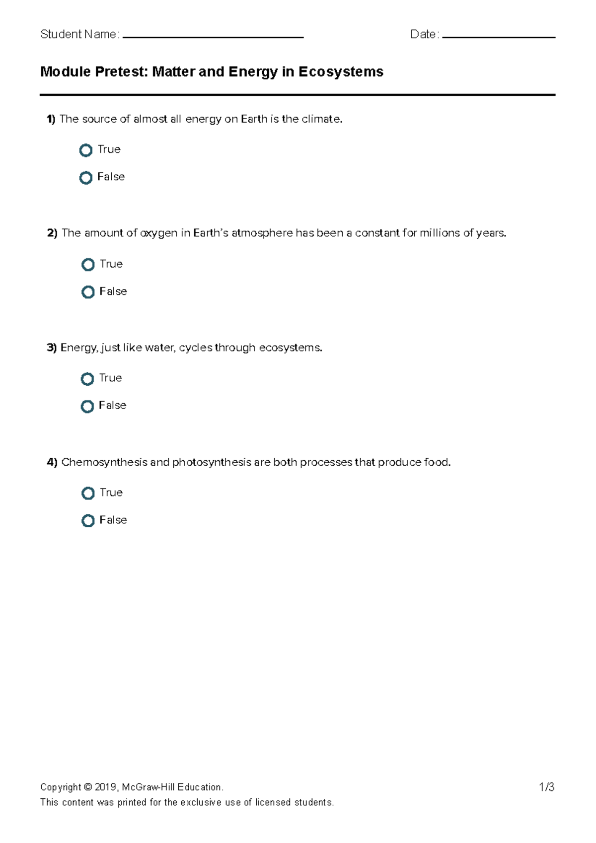 Pre-test - pre-test to see what you know - Student Name: Date: Module ...