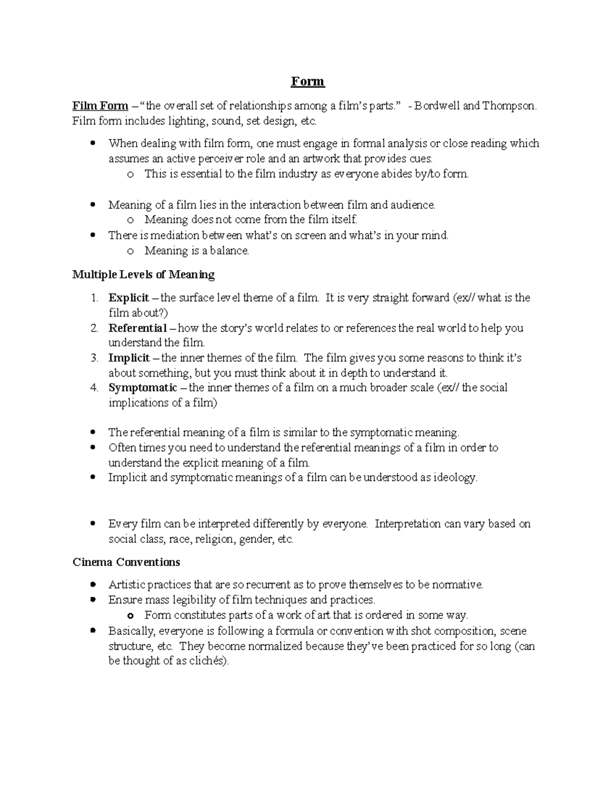Film Form - Lecture notes 1 - Form Film Form – “the overall set of ...