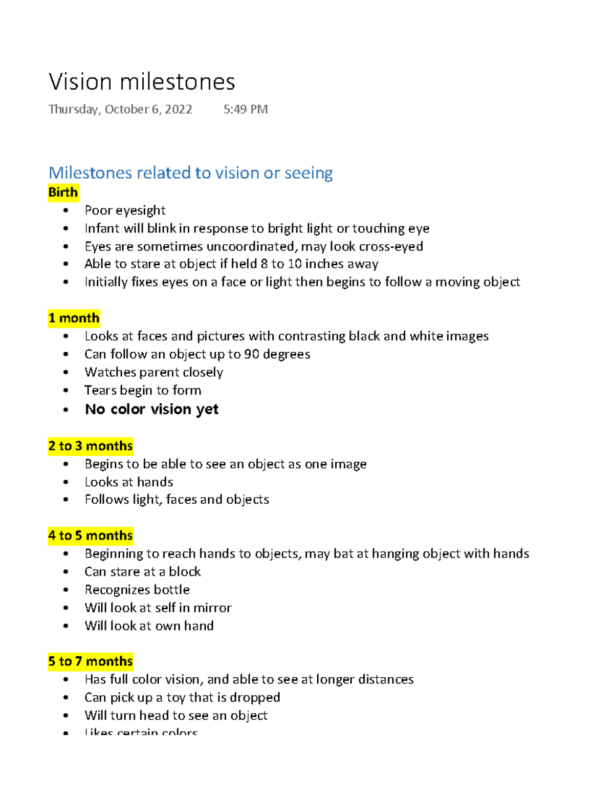 Vision milestones - Milestones related to vision or seeing Birth " Poor ...