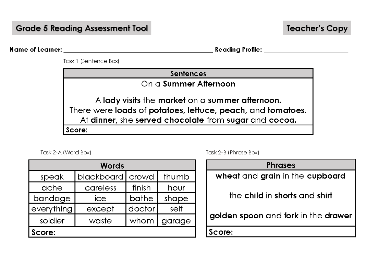 G5 Reading Assessment Tool - Name of Learner ...