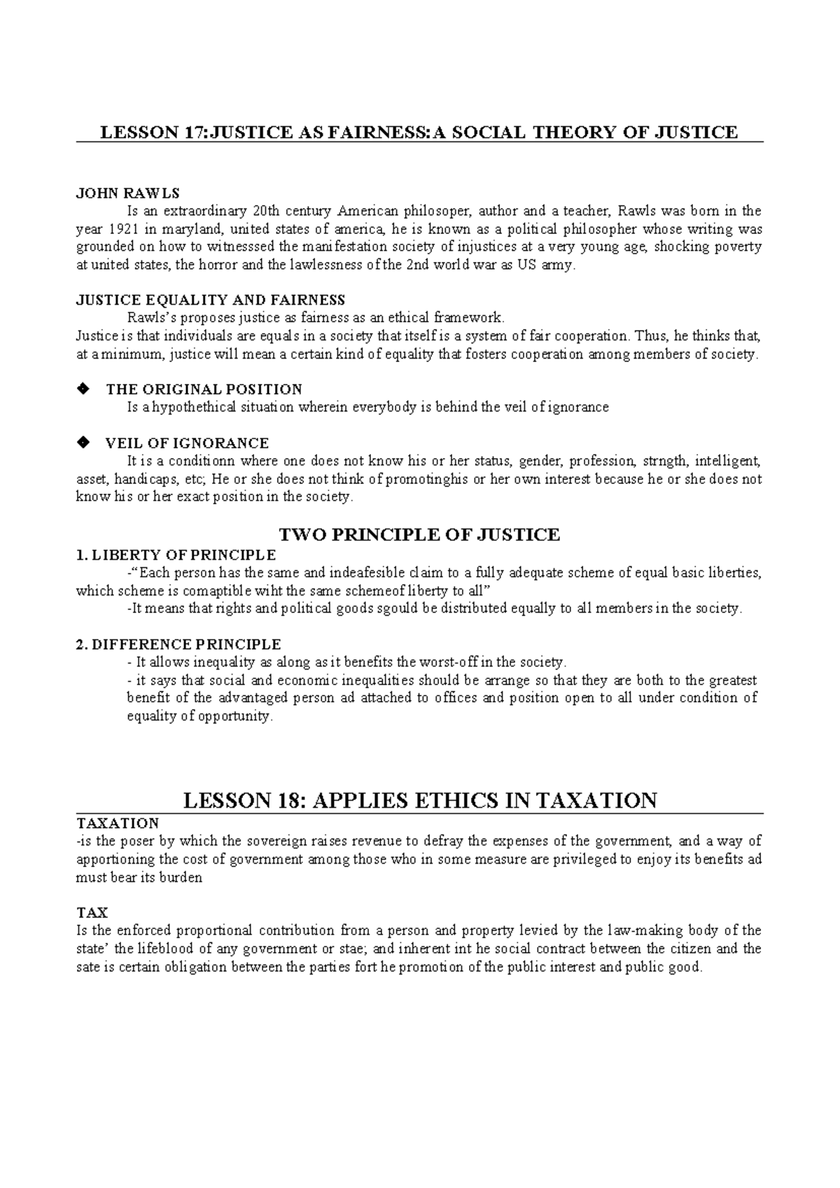 Ethics Handouts - LESSON 17:JUSTICE AS FAIRNESS:A SOCIAL THEORY OF ...