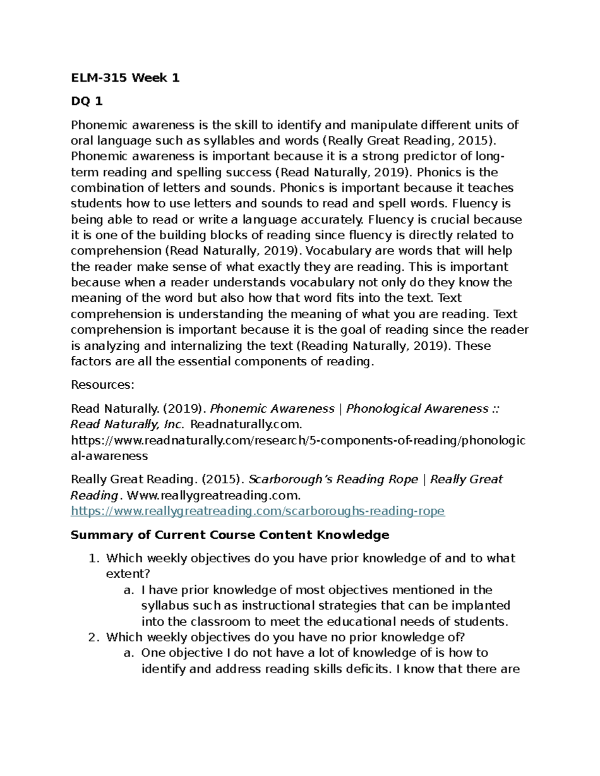ELM-315 Week 1 - discussion board - ELM-315 Week 1 DQ 1 Phonemic ...