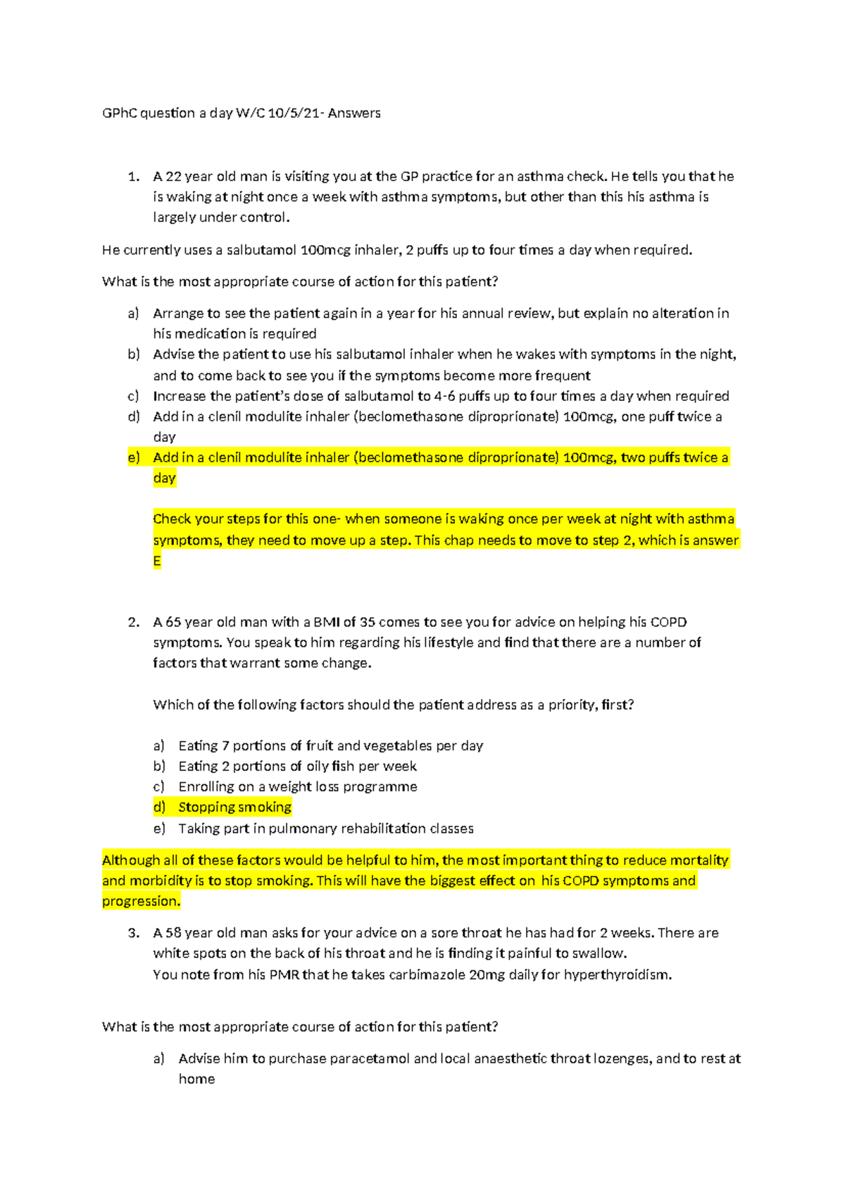 GPh C QAD- Answers - pharmacy notes - GPhC question a day W/C 10/5/21 ...
