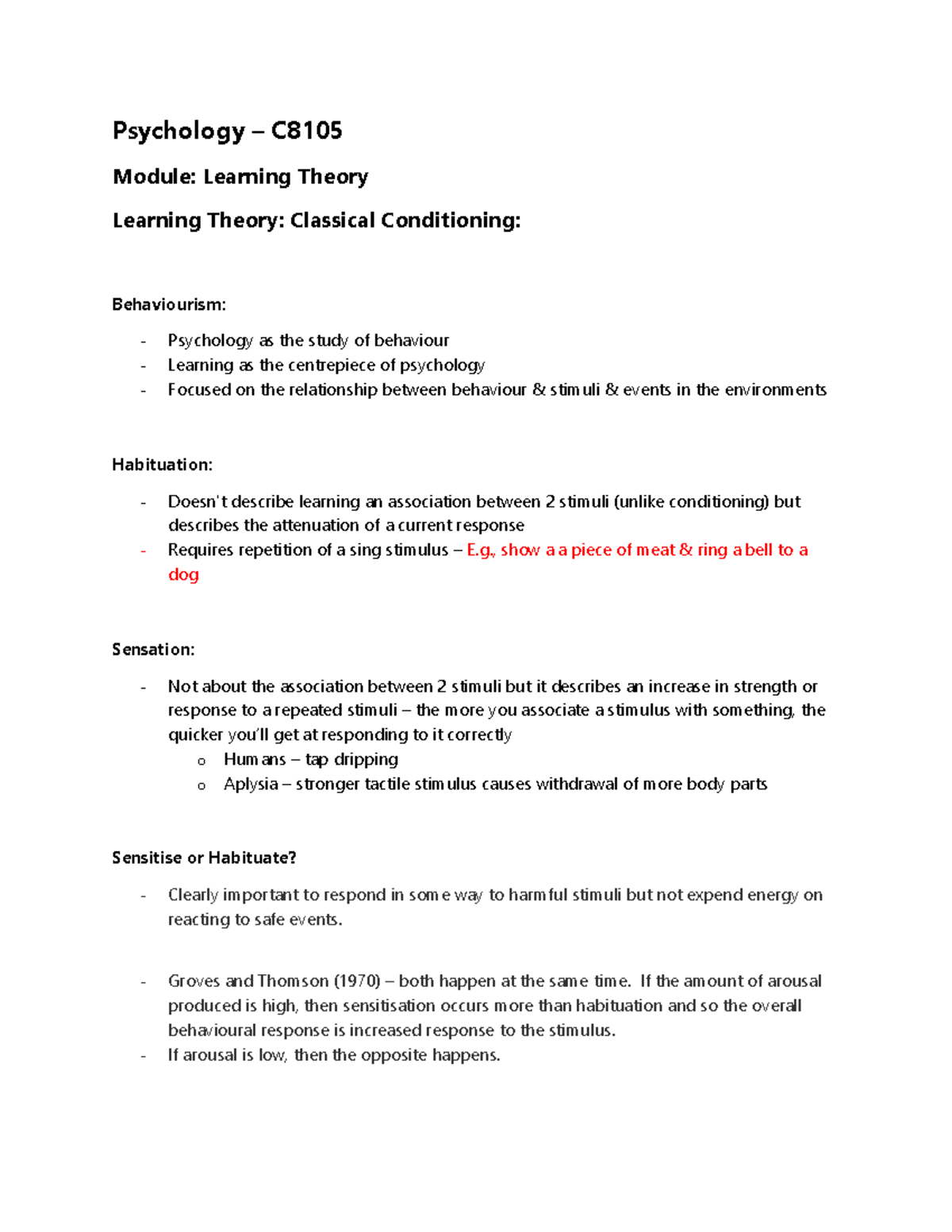 Lecture 1 Classical Conditioning Psychology C Module Learning Theory Learning Theory