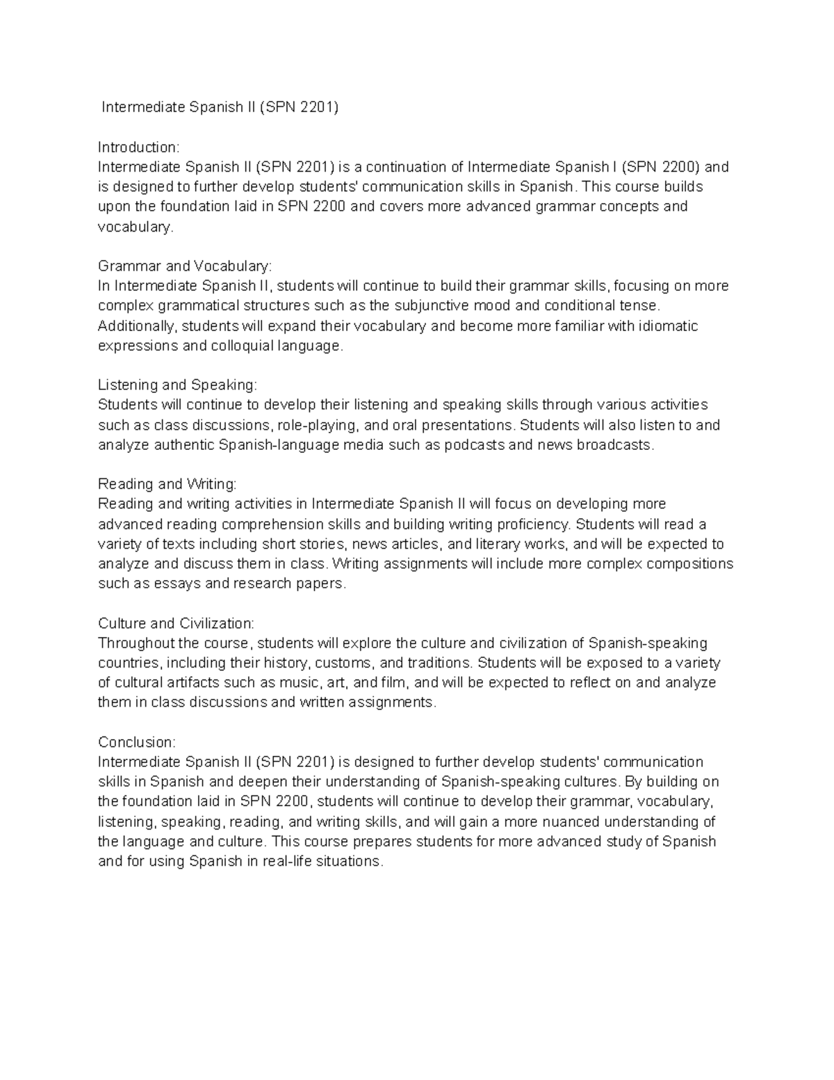 Intermediate Spanish II (SPN 2201) - This course builds upon the ...