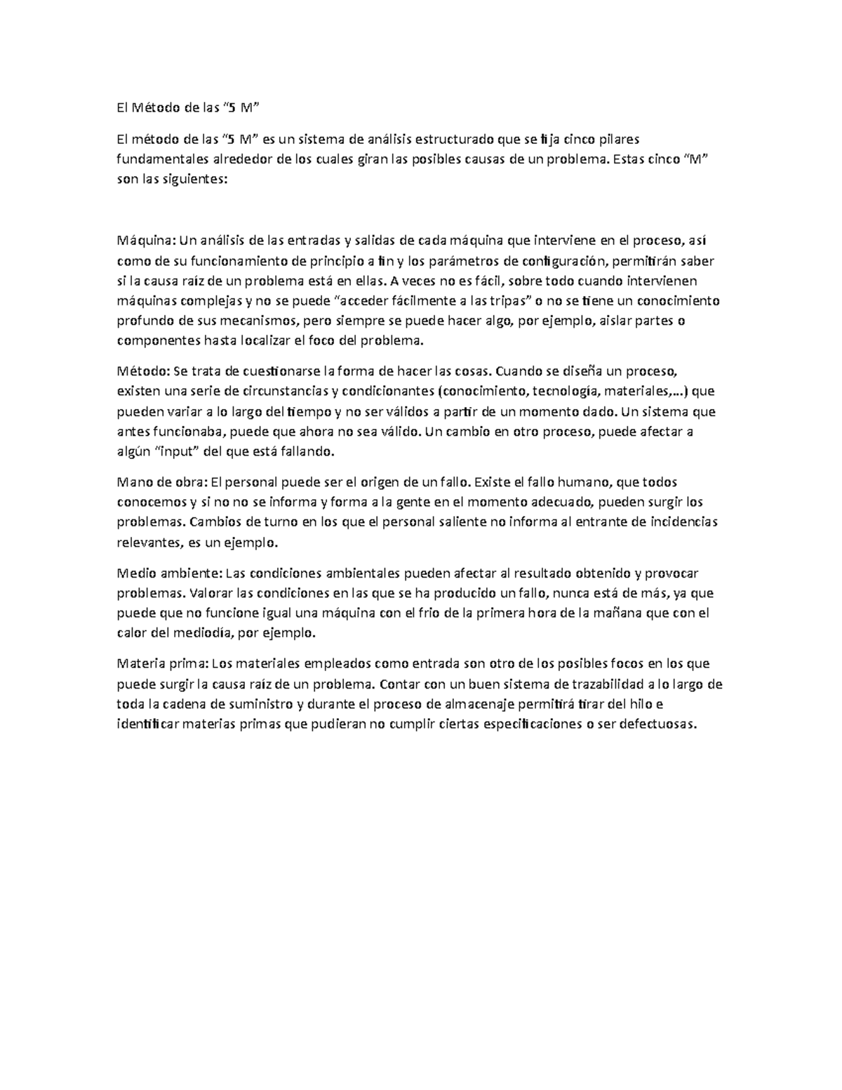 Tarea - El Método de las “5 M” El método de las “5 M” es un sistema de ...
