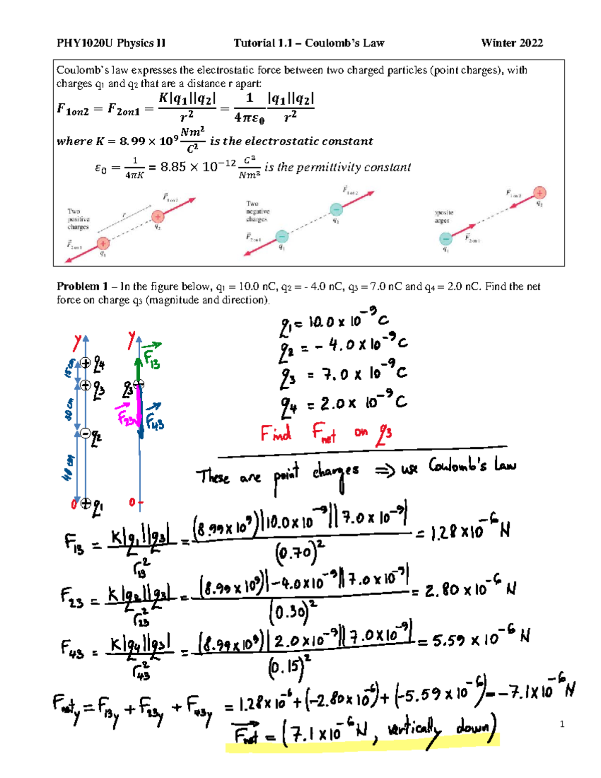 T1 First Year, physics 2 - PHY1020U Physics II Tutorial 1 – Coulomb’s ...