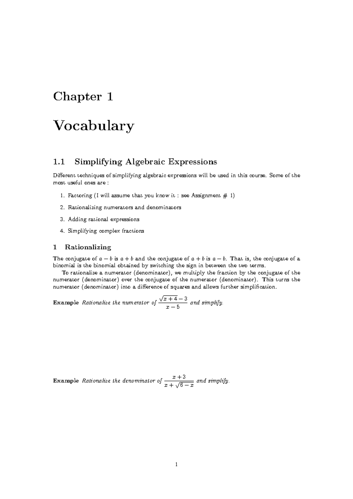 1 Precalculus practice material - Chapter 1 Vocabulary 1 Simplifying ...