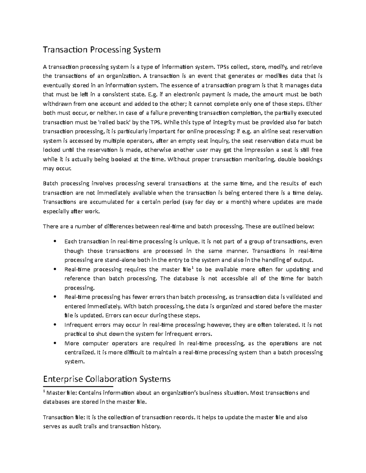 Information Systems - Notes - Transaction Processing System A ...