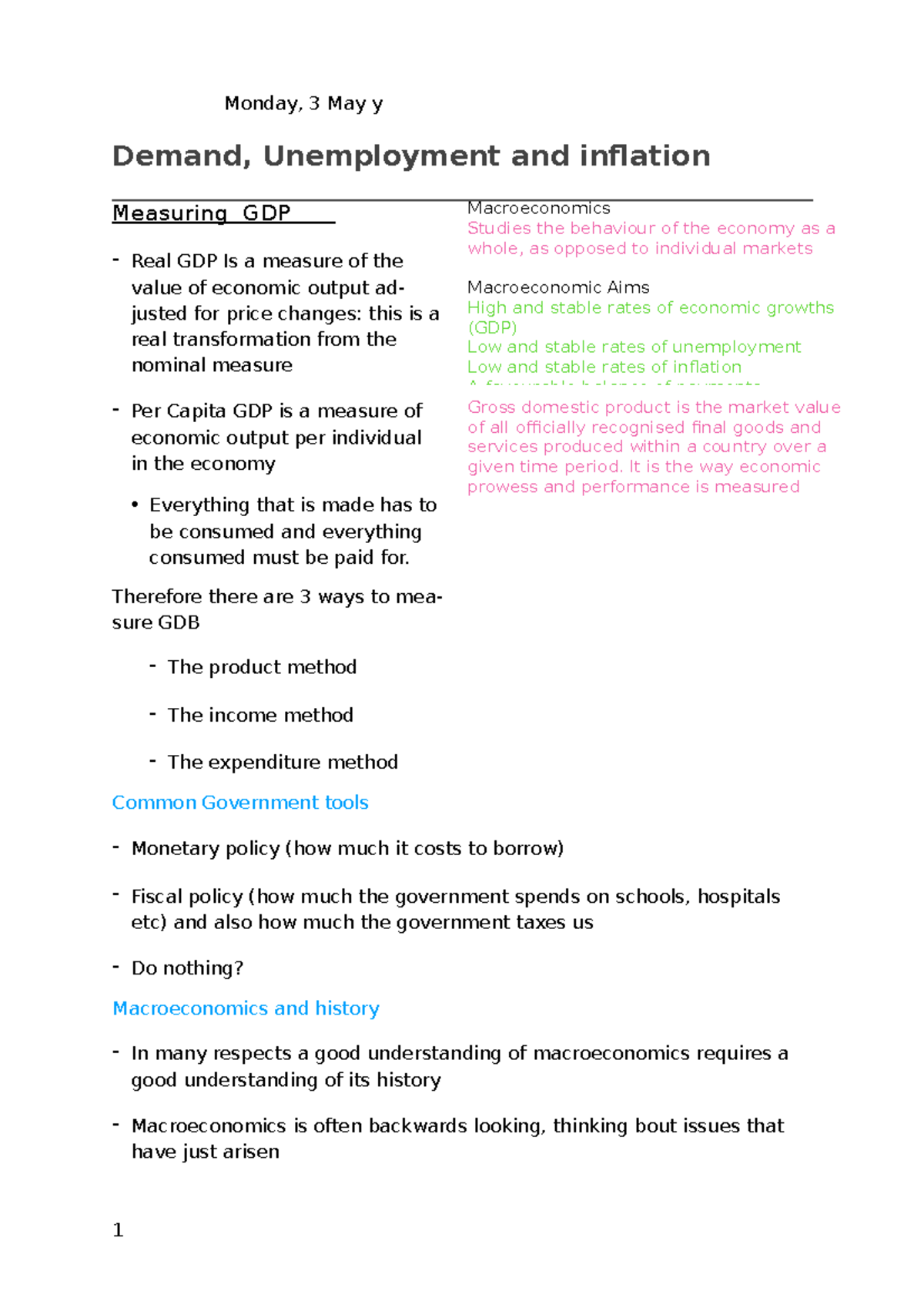 Macroeconomics 1 - Lecture notes 5-7 - Thursday, 2 April y Demand ...