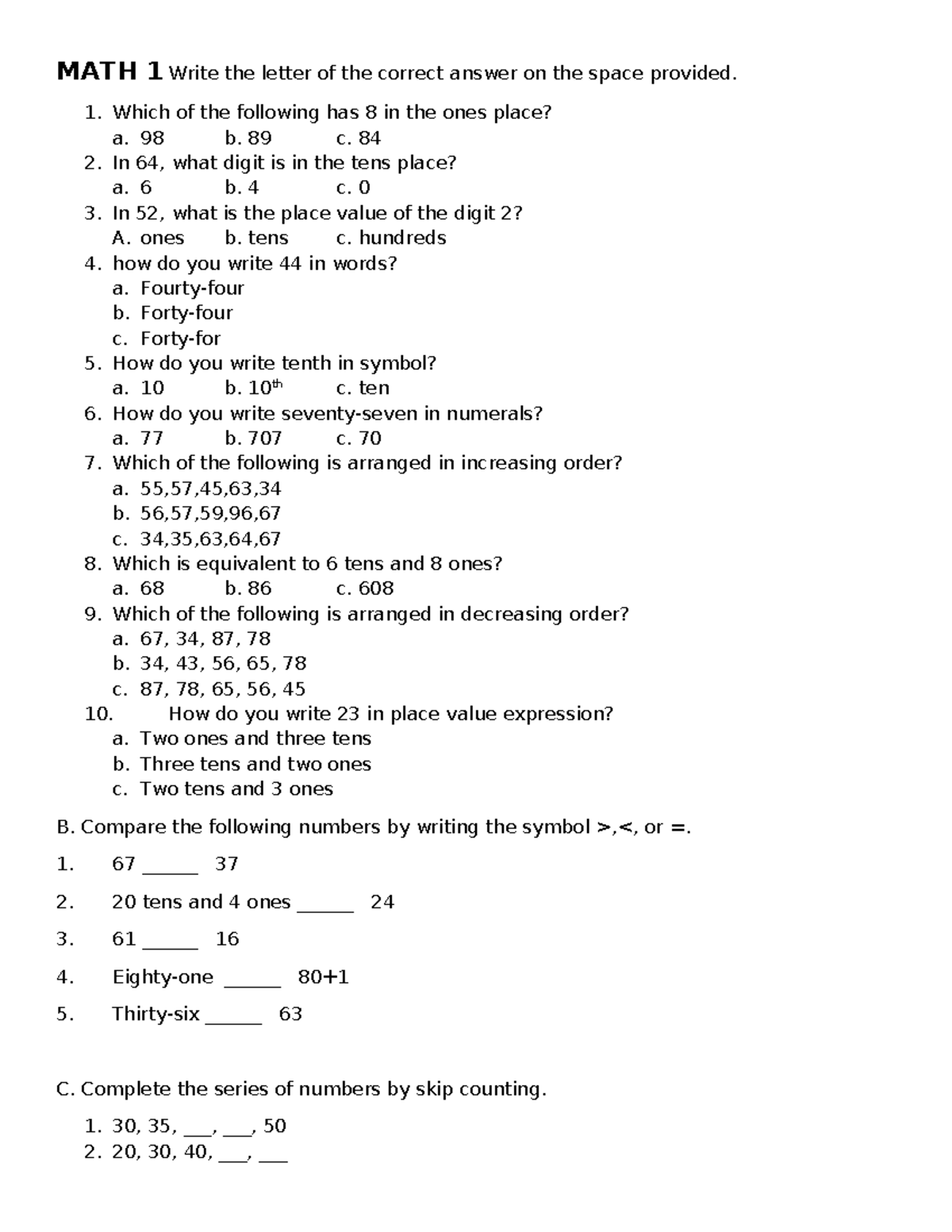 Math 1 - MATH 1 Write the letter of the correct answer on the space ...