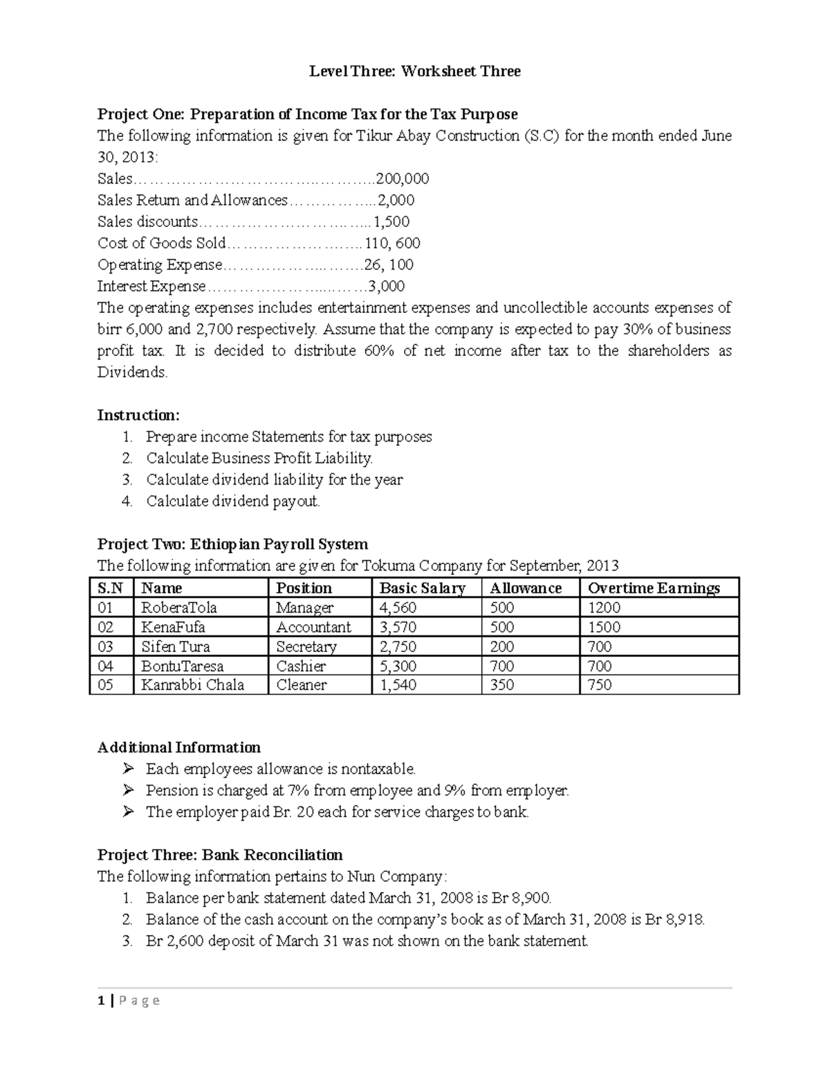 Exam 3 - COC - Level Three: Worksheet Three Project One: Preparation of ...