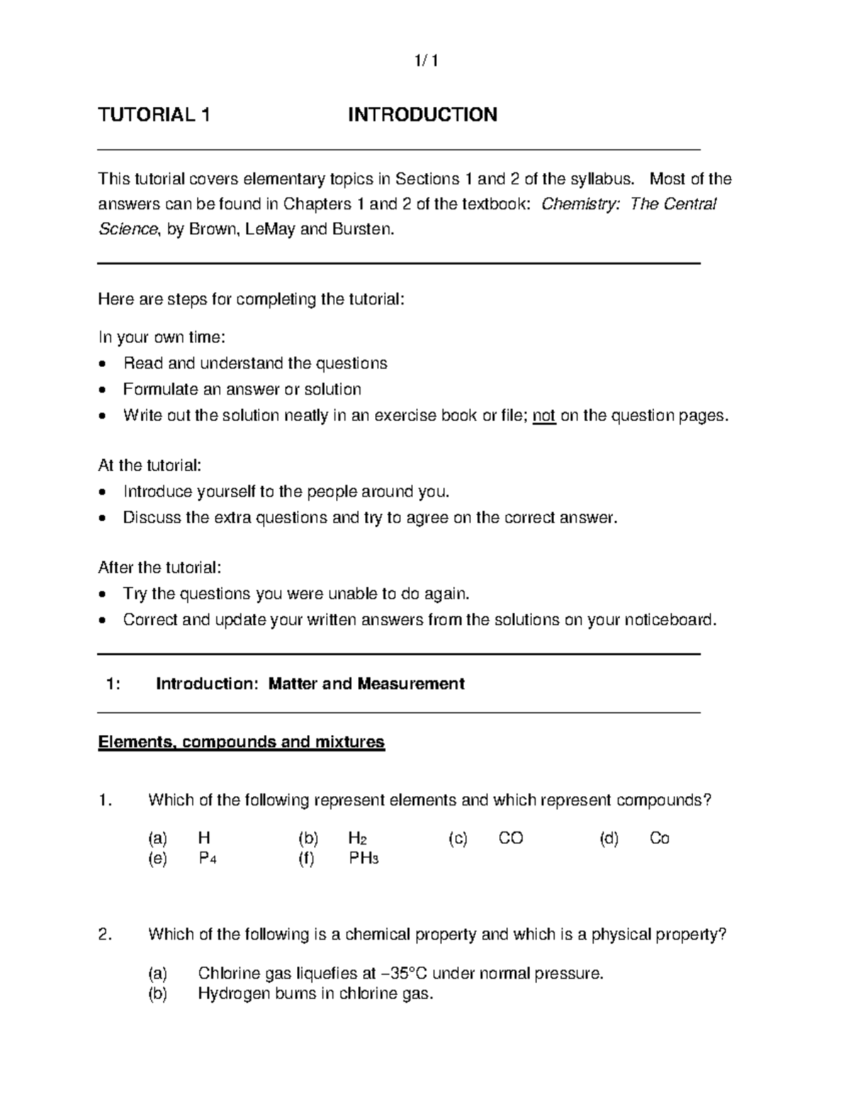 1051ATUT1 - tutorial questions for the first topic . important for exam ...