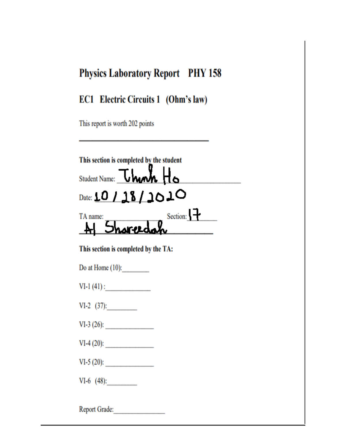 EC-1 Lab report - DO AT HOME: V " = 83 '.()= 10 (Ohms) It shows that ...