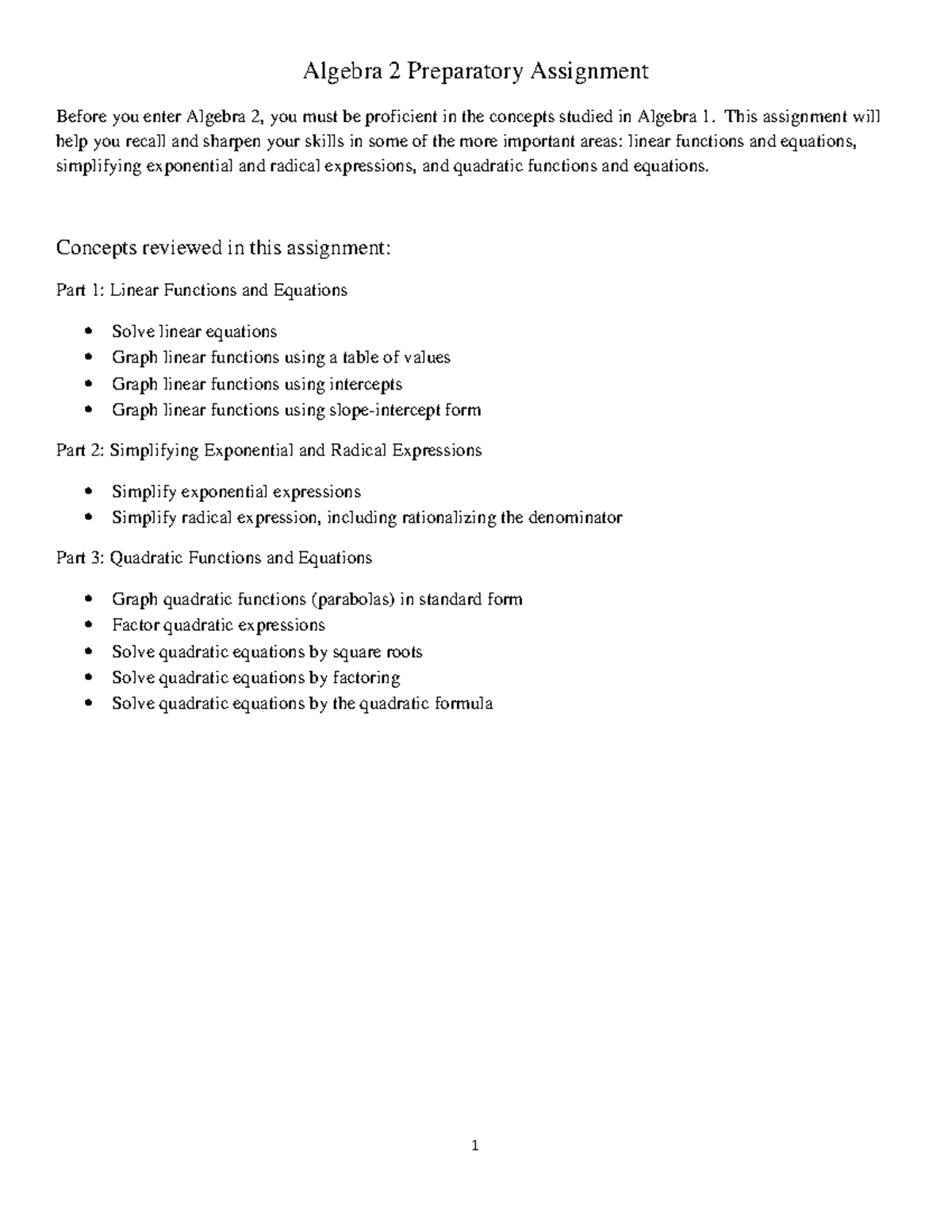 Alg II Summer Prep Work - Student - Algebra 2 Preparatory Assignment ...