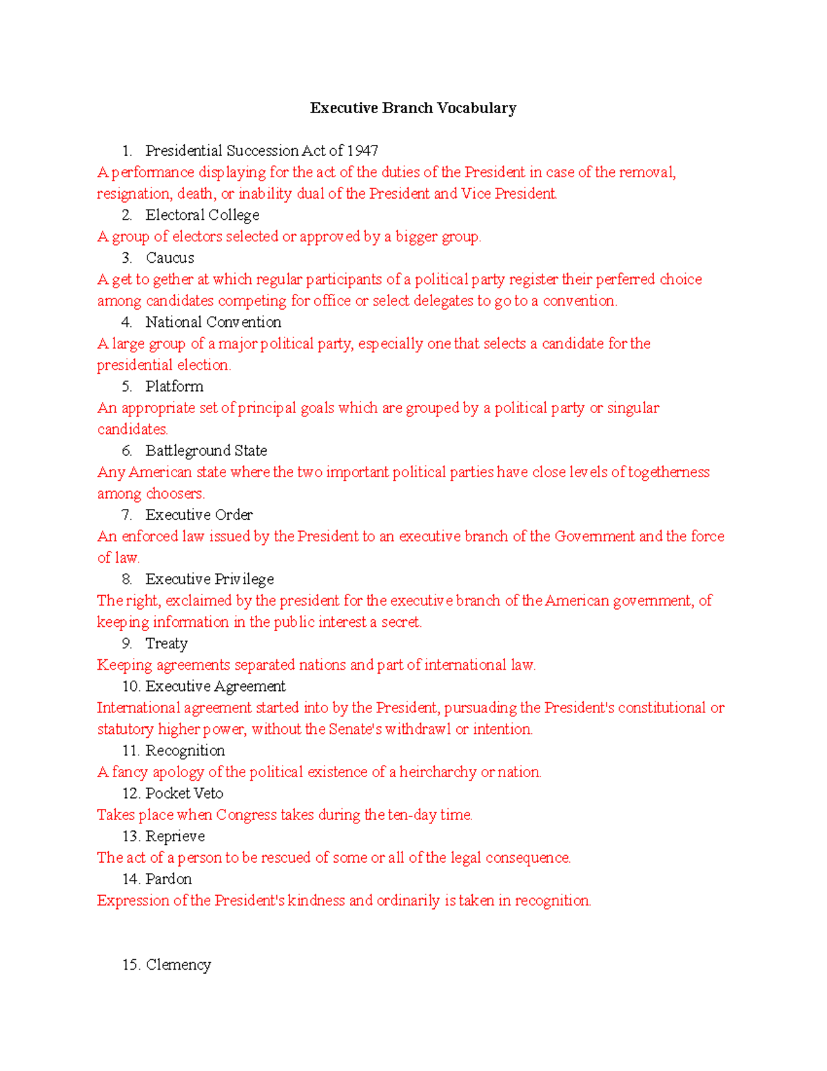 Executive Branch Vocabulary - Executive Branch Vocabulary Presidential ...