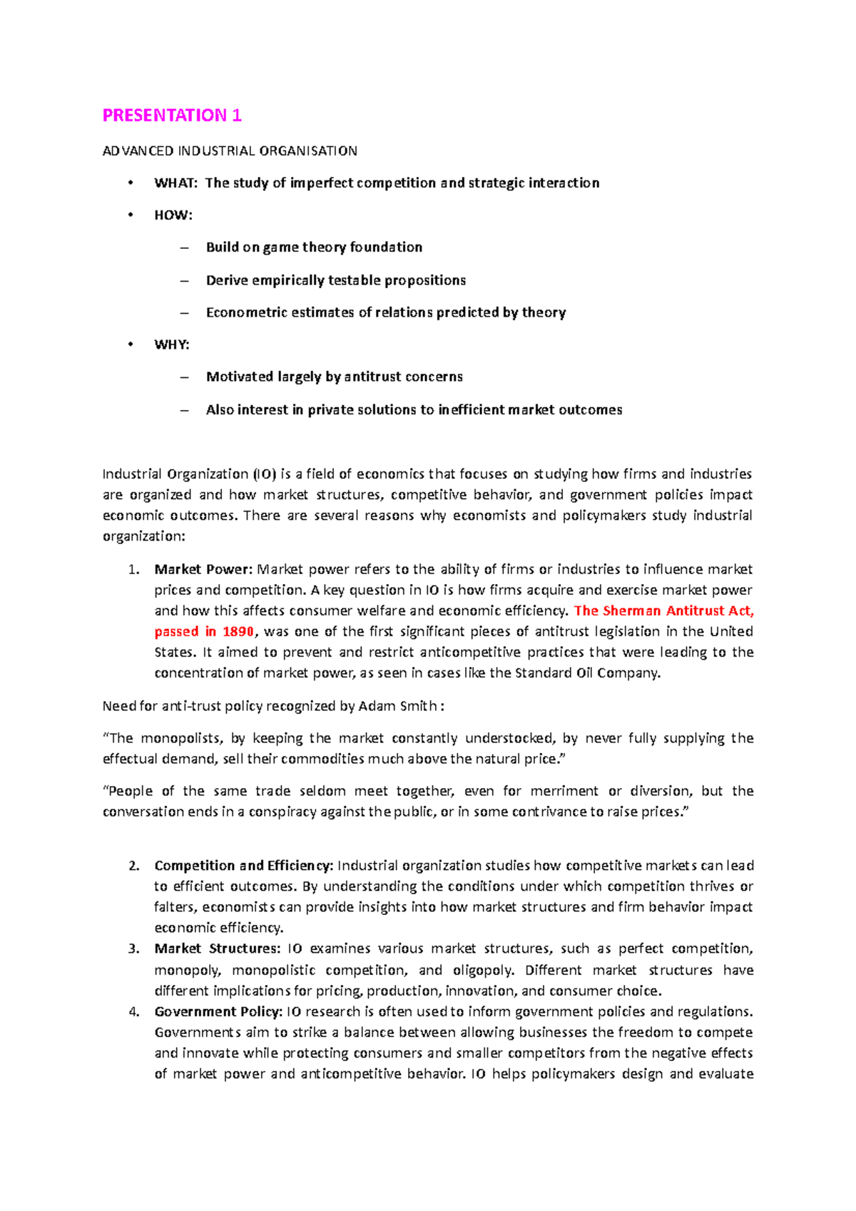 Notatki - advanced industrial organization notes - PRESENTATION 1 ...