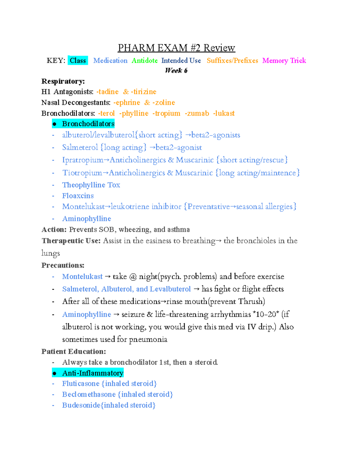 Pharm EXAM #2 Review {Respiratory Medications} - PHARM EXAM #2 Review ...