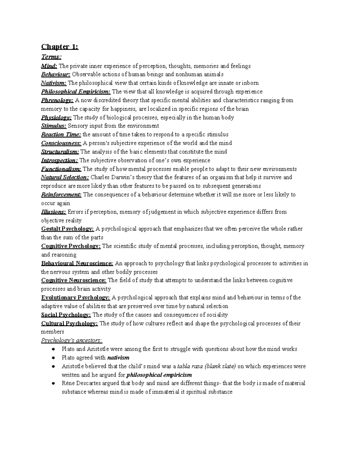 Psyc chapter 1 and 2 - Chapter 1: Terms: Mind: The private inner ...