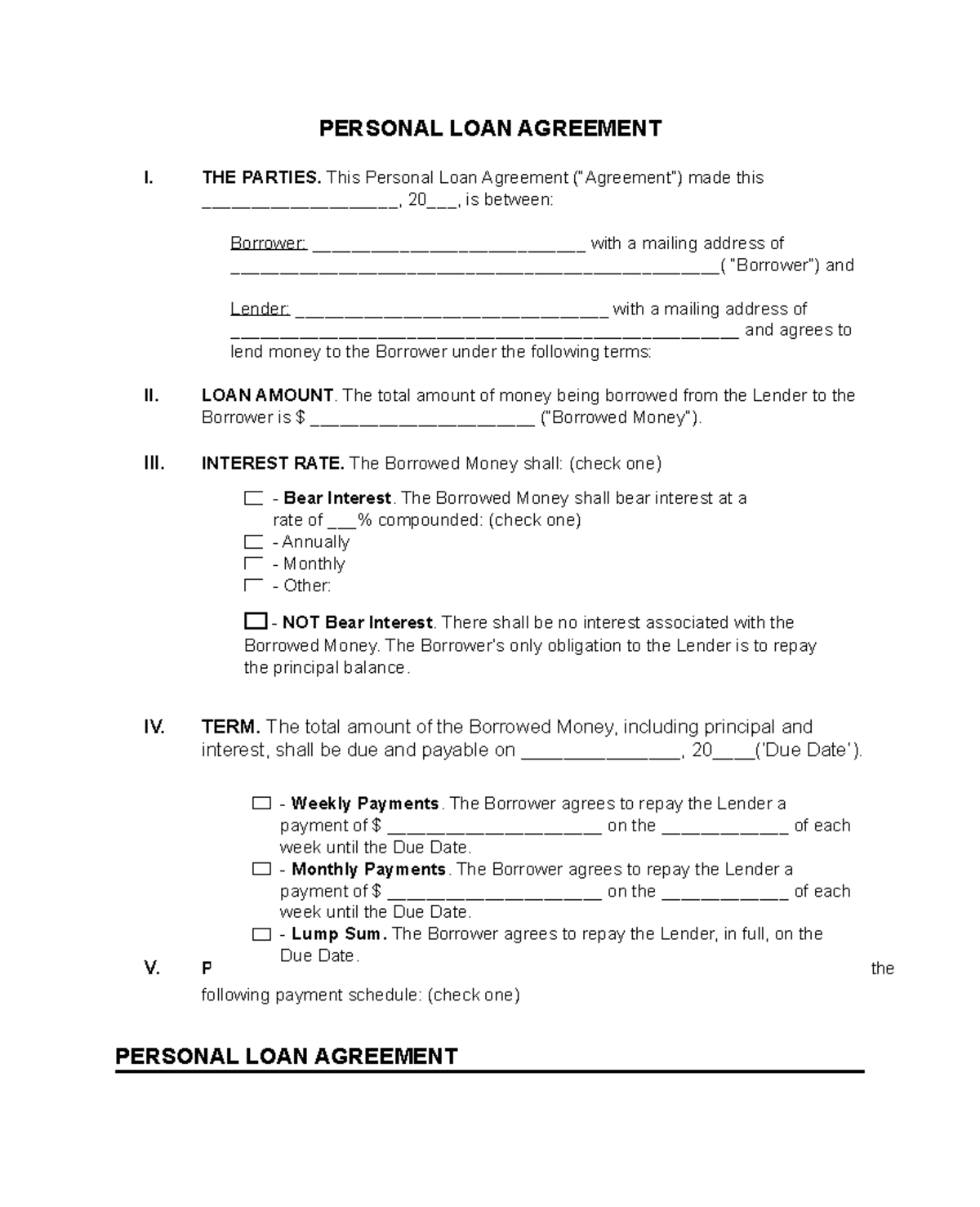 Personal LOAN Agreement - PERSONAL LOAN AGREEMENT I. THE PARTIES. This ...