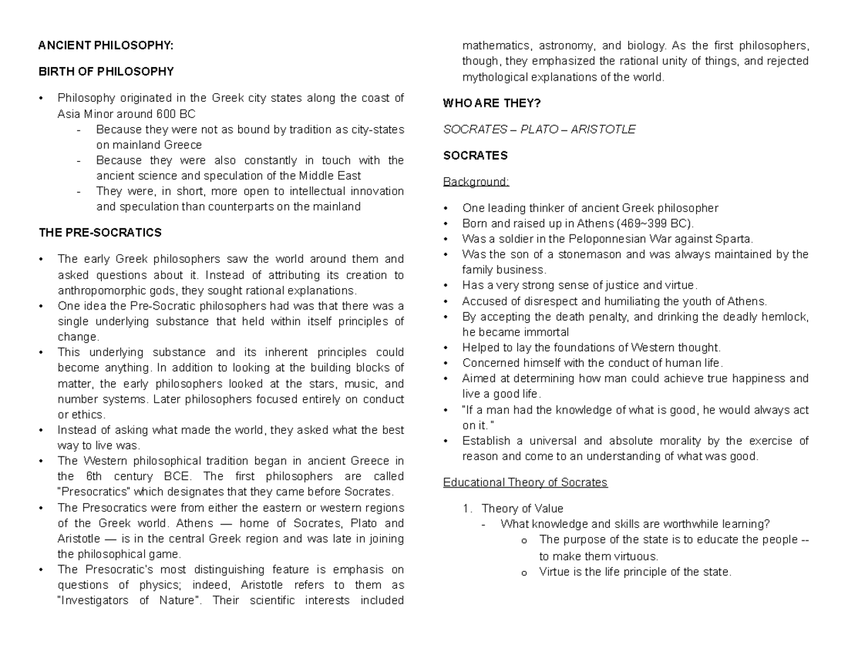 Ancient Philosophy Written Report - ANCIENT PHILOSOPHY: BIRTH OF ...
