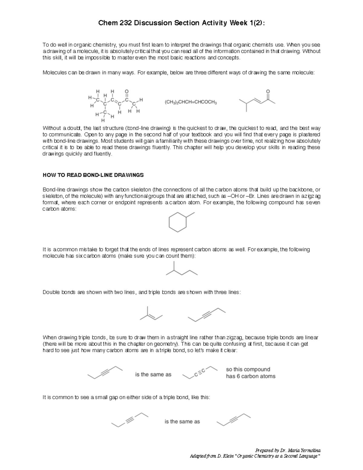 CHEM 232 - Reading and drawing bond line structures practice sheet ...