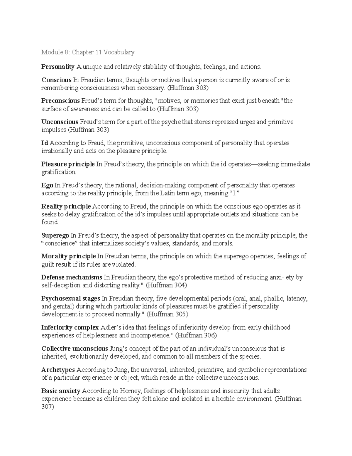 Ch 11 vocab - Module 8: Chapter 11 Vocabulary Personality A unique and ...