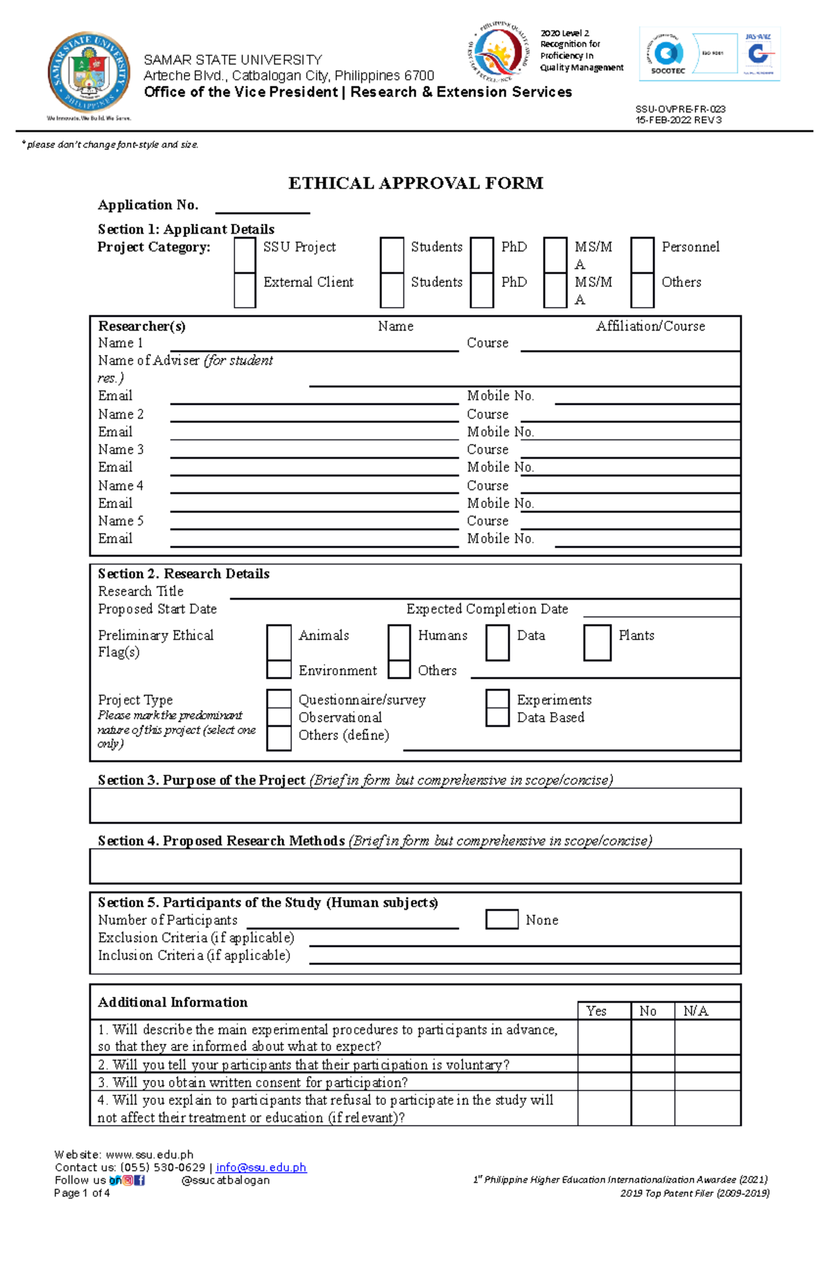 23 Ethical Approval FORM REV3-021522 - SSU-OVPRE-FR- 15-FEB-2022 REV 3 ...