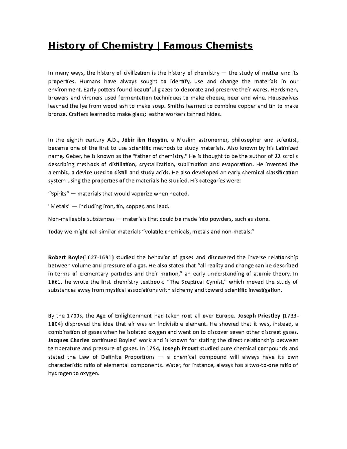 History of Chemistry - Humans have always sought to identify, use and ...