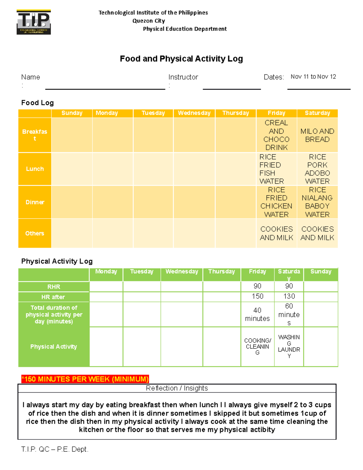 NEW Food and Activity Log - Technological Institute of the Philippines ...