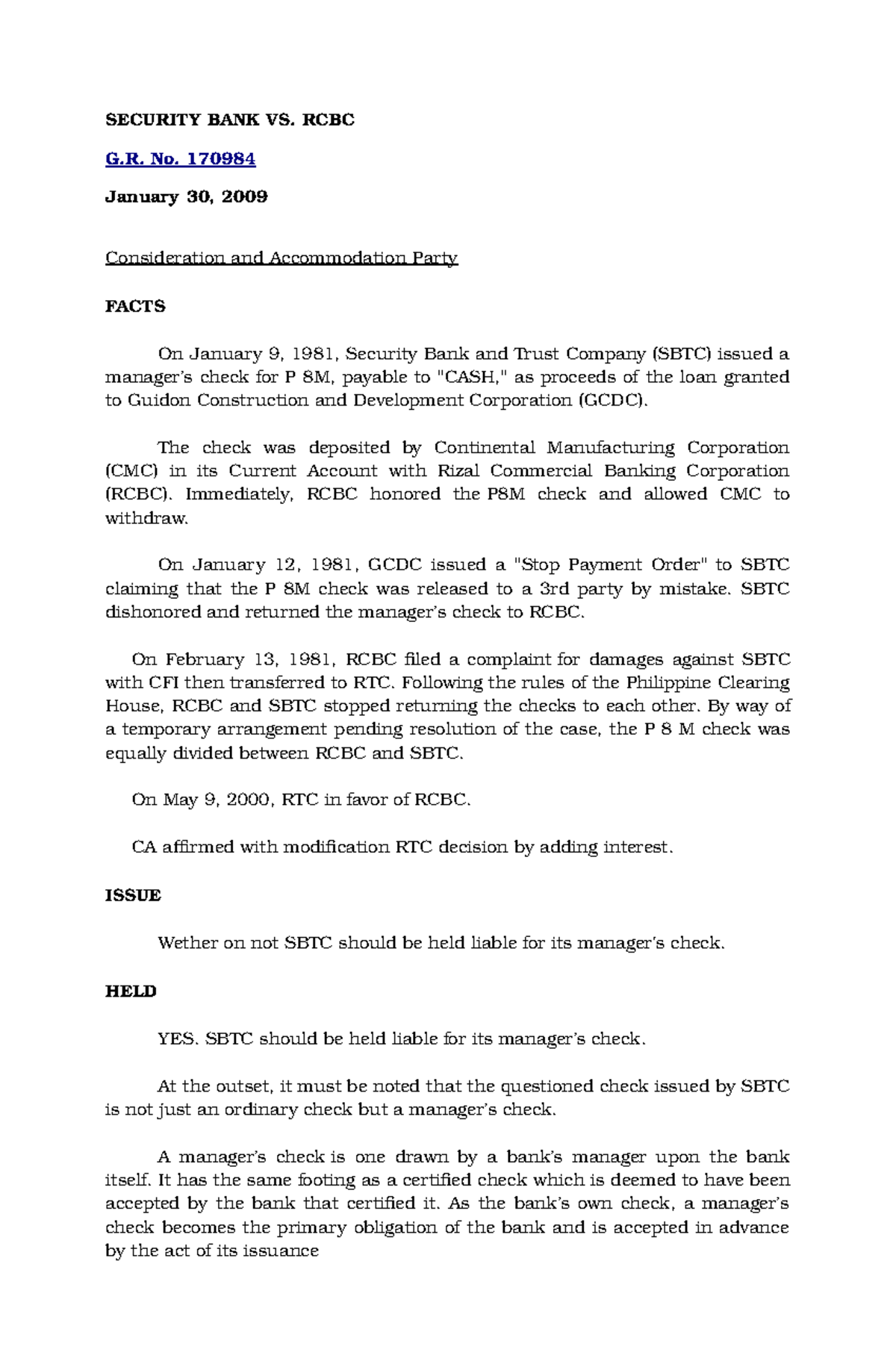 349910654 Security Bank vs Rcbc Nil Case - SECURITY BANK VS. RCBC G. No ...