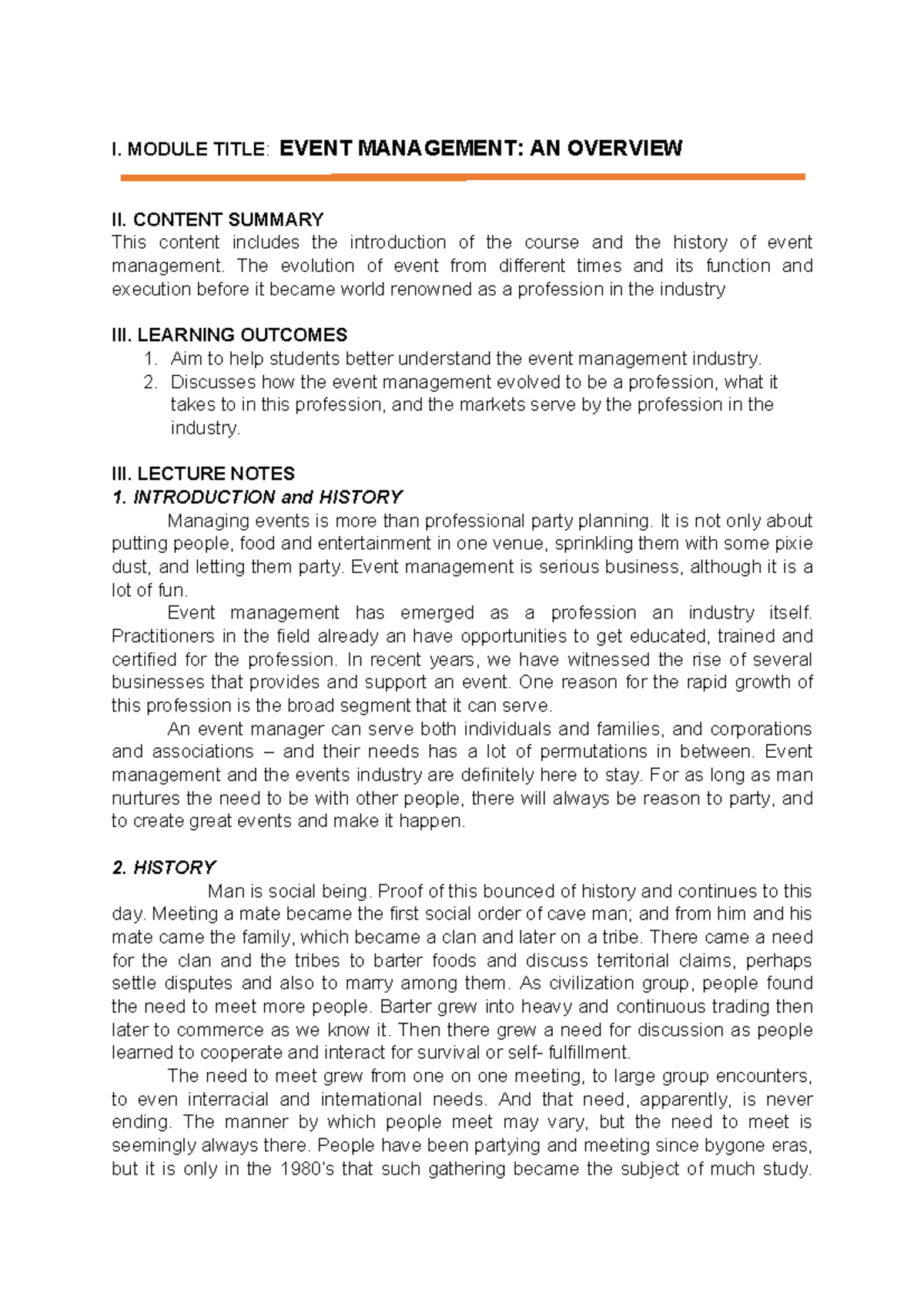Module 1 - I. MODULE TITLE: EVENT MANAGEMENT: AN OVERVIEW II. CONTENT ...