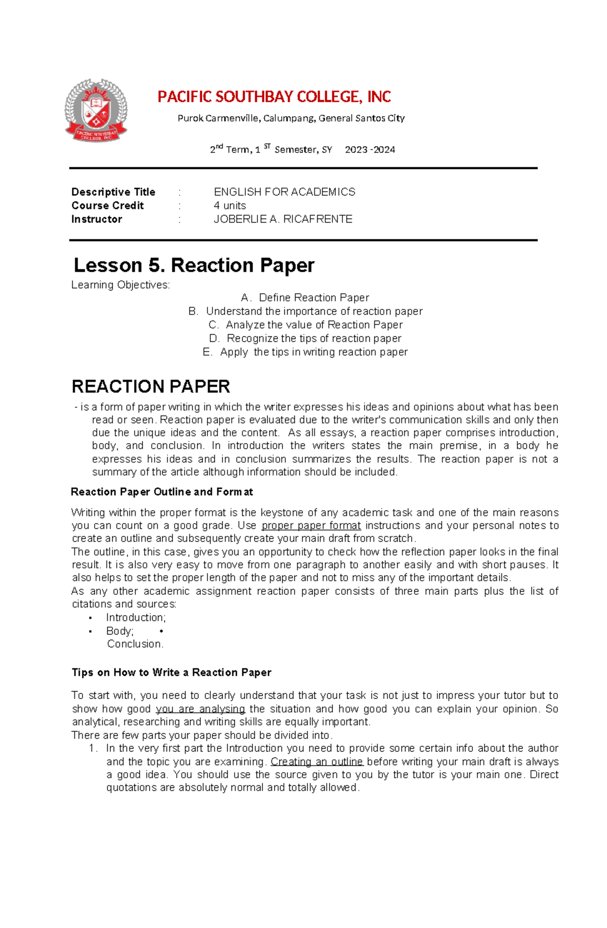 English for Academic Purposes - Descriptive Title : ENGLISH FOR ...