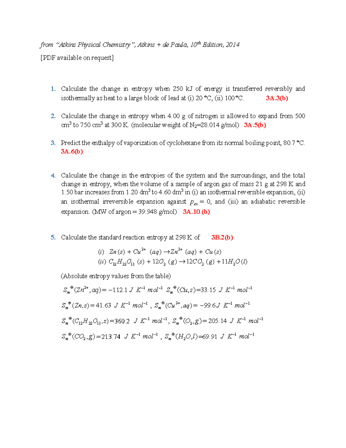 Chapter 3 assignment Questions - from “Atkins Physical Chemistry”, Atkins + de Paula, 10th ...