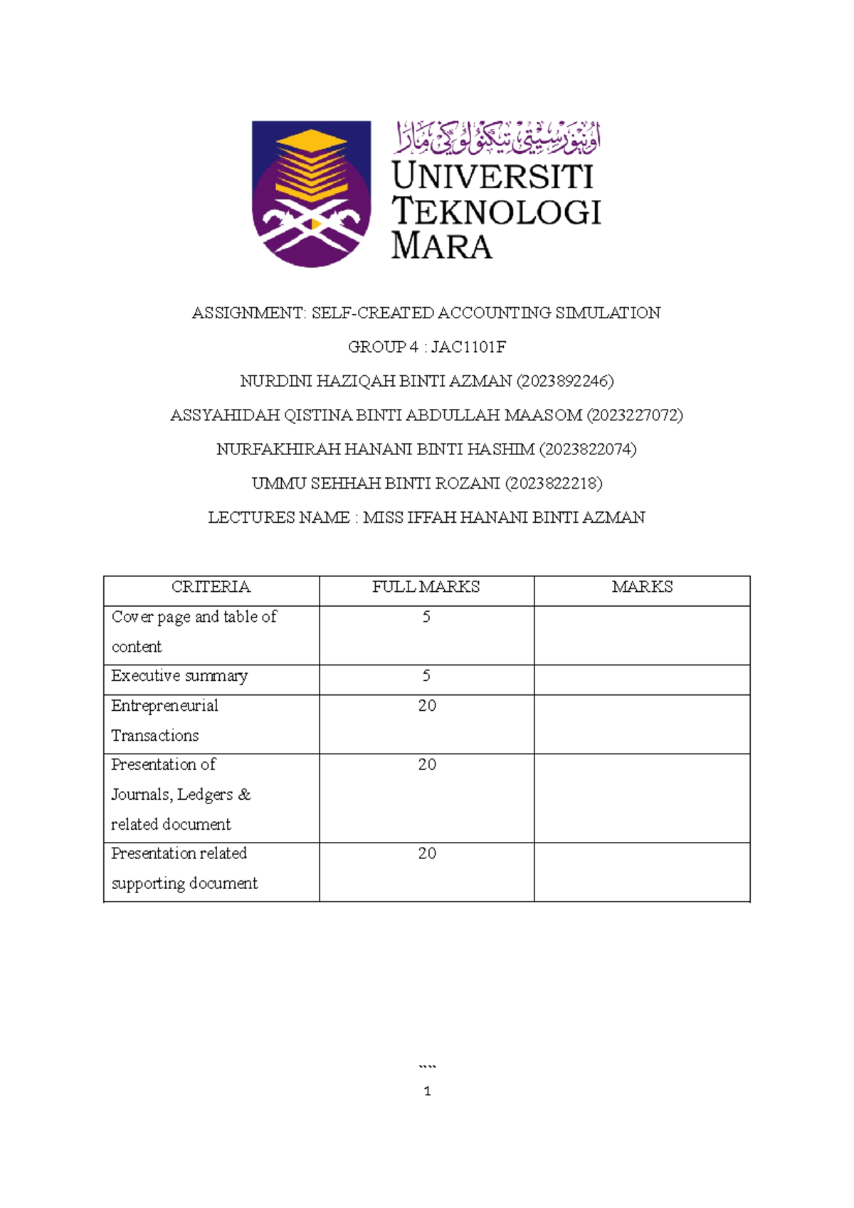 Assignment Week 12 - ASSIGNMENT: SELF-CREATED ACCOUNTING SIMULATION GROUP 4 : JAC1101F NURDINI ...