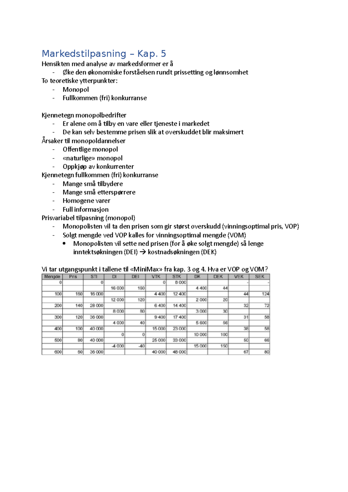Markedstilpasning - Kap. 5 - Markedstilpasning – Kap. 5 Hensikten med ...