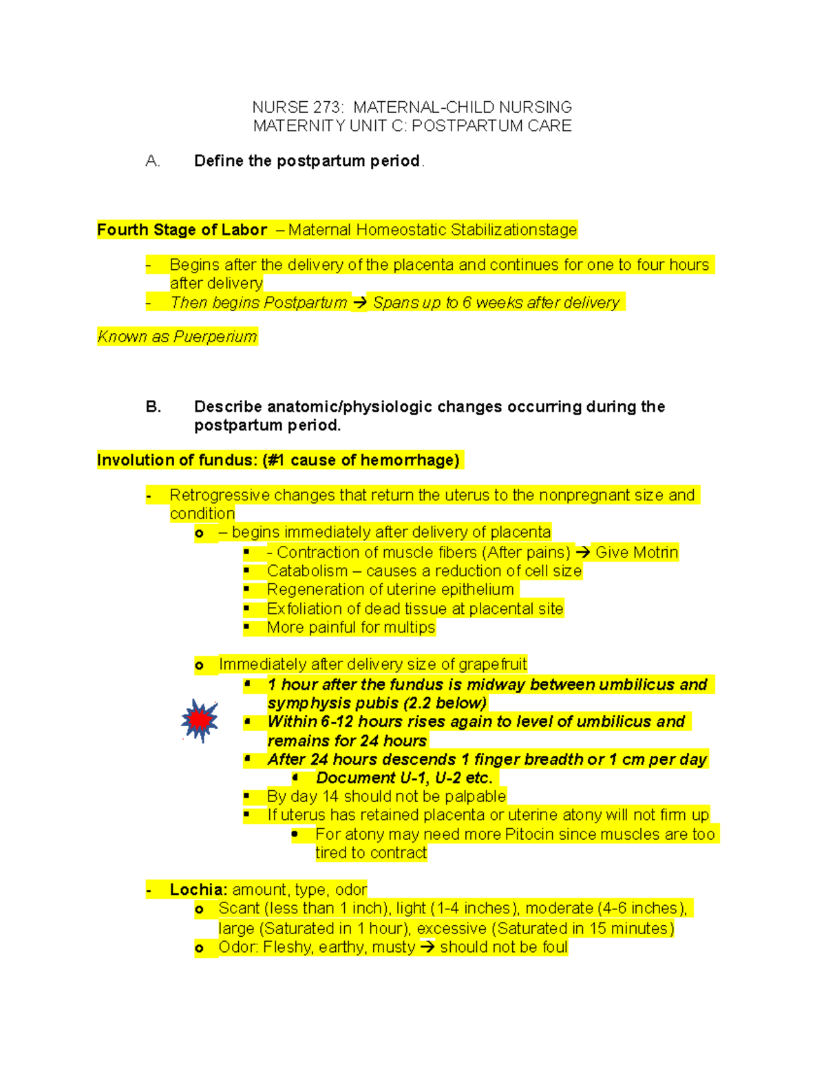 Postpartum Objectives - NURSE 273: MATERNAL-CHILD NURSING MATERNITY UNIT C: POSTPARTUM CARE A ...