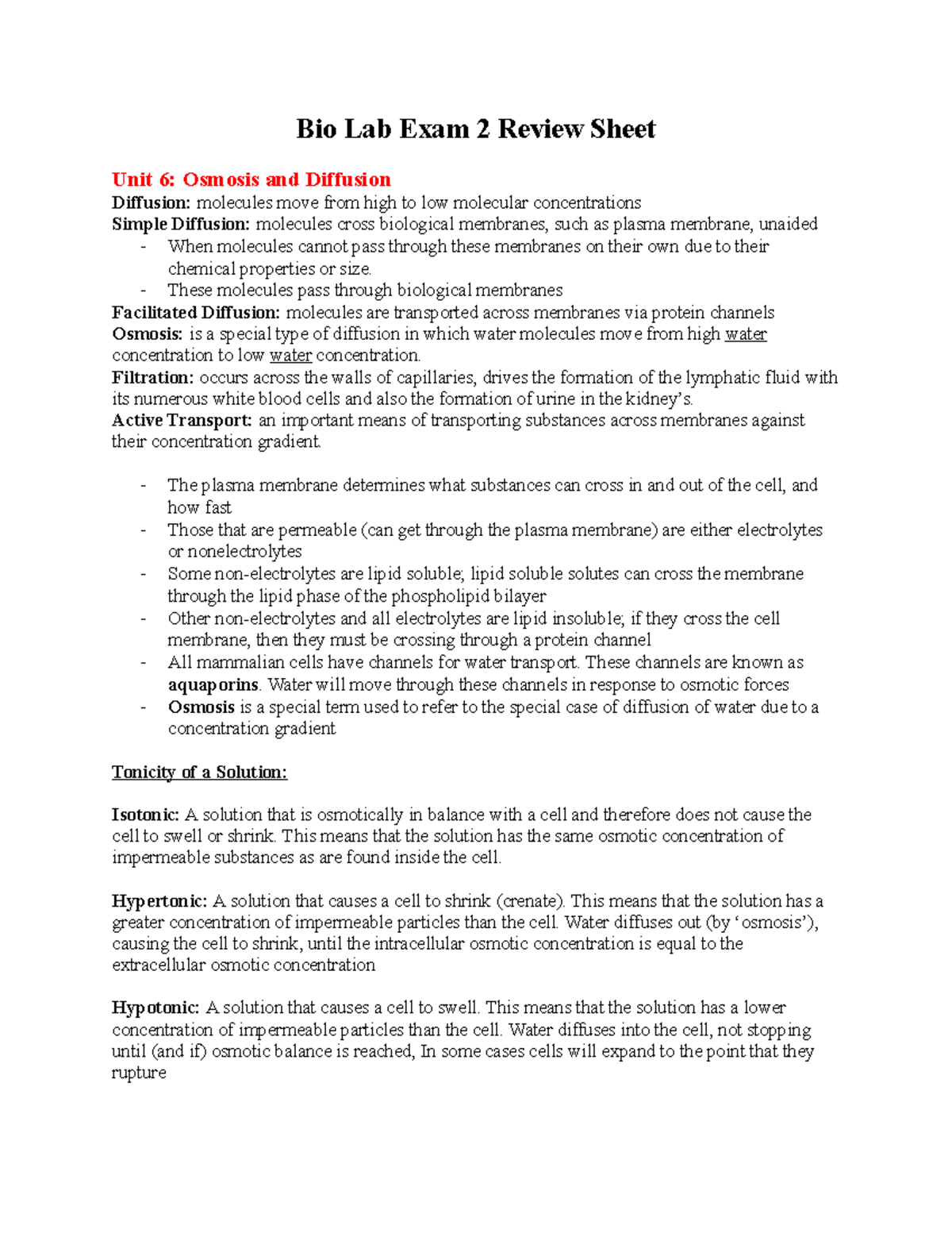 Bio Lab Exam 2 Review Sheet - Bio Lab Exam 2 Review Sheet Unit 6 ...