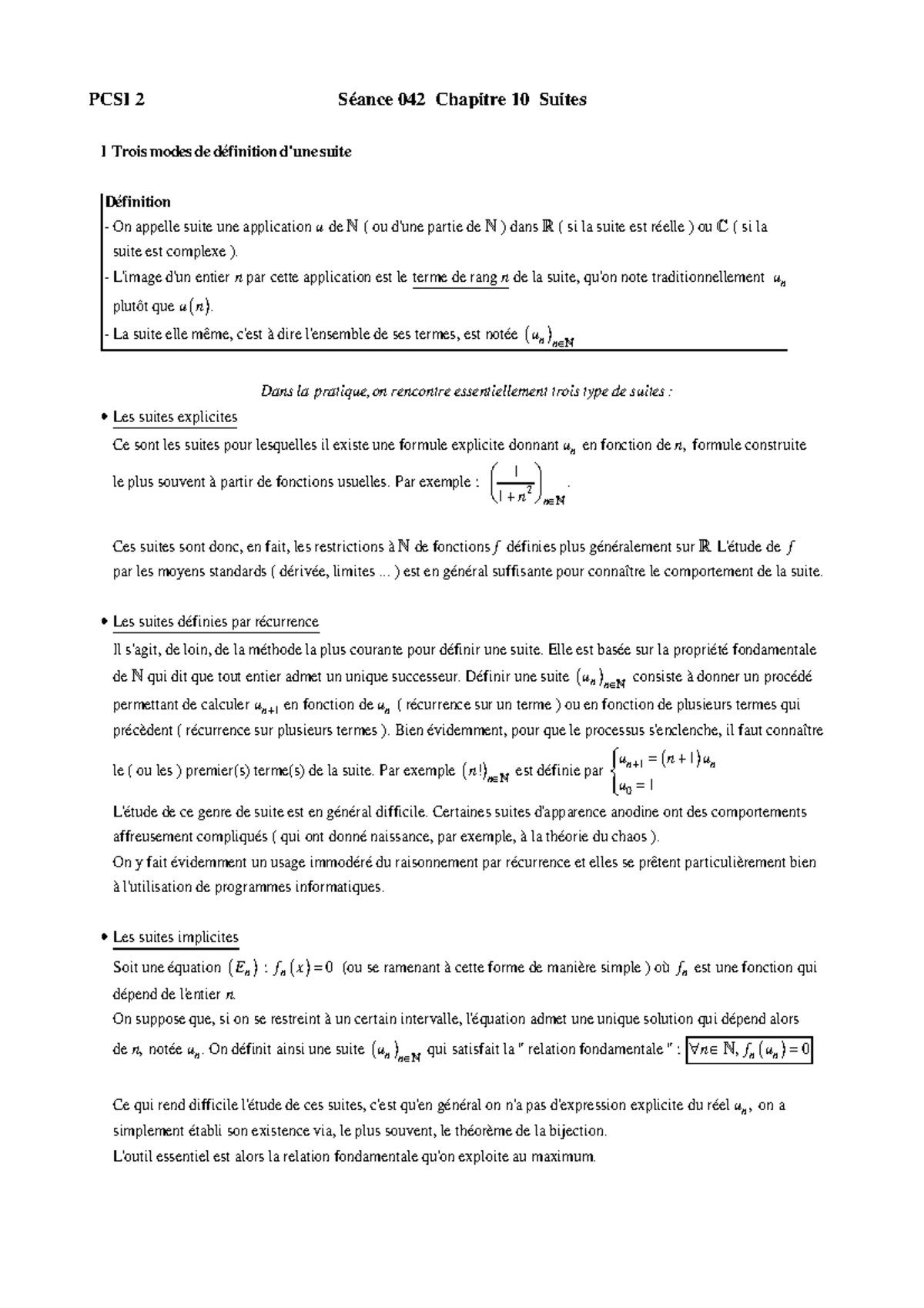 Suites/Définition et variations - PCSI 2 Séance 042 Chapitre 10 Suites ...