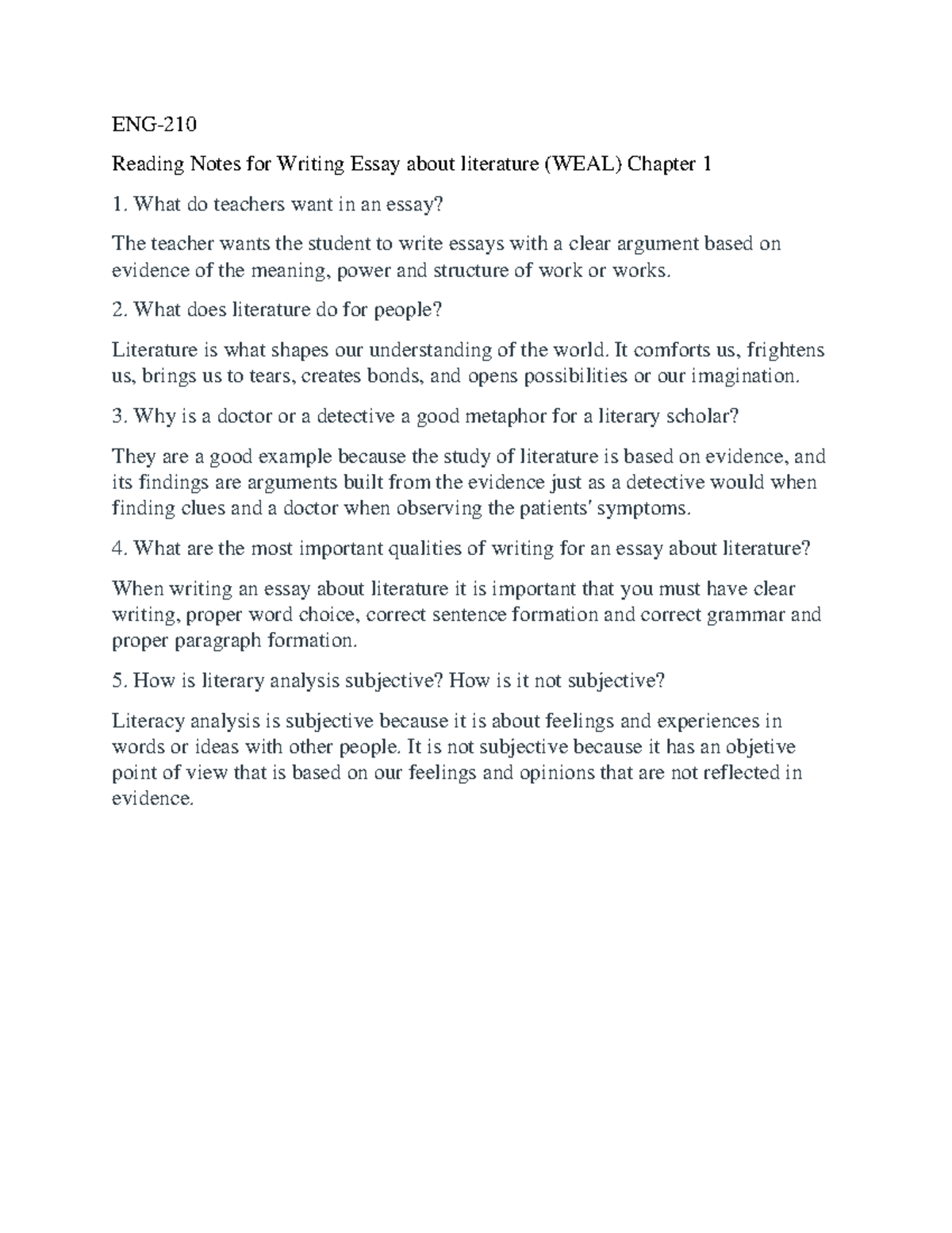 Reading notes for writing essay about literature (WEAL) Chapter 1 ...