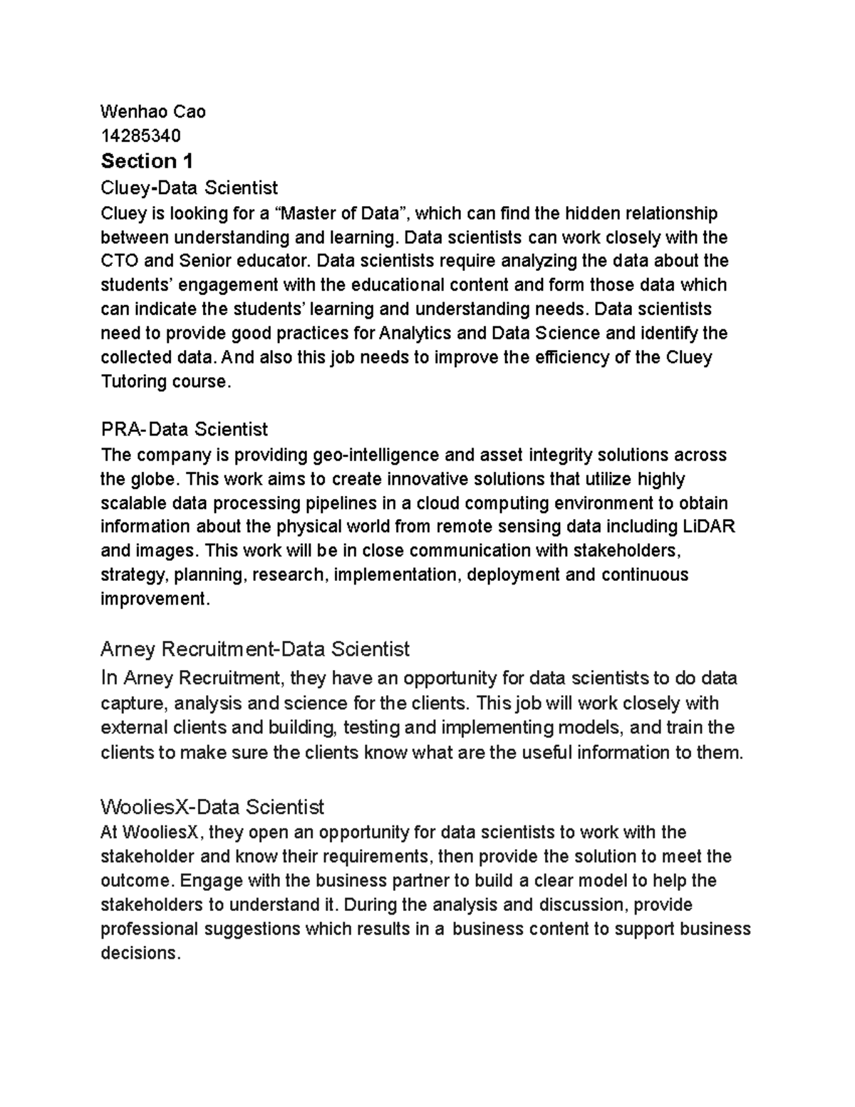 Dream Job 14285340 - First assignment for introduction to Data ...