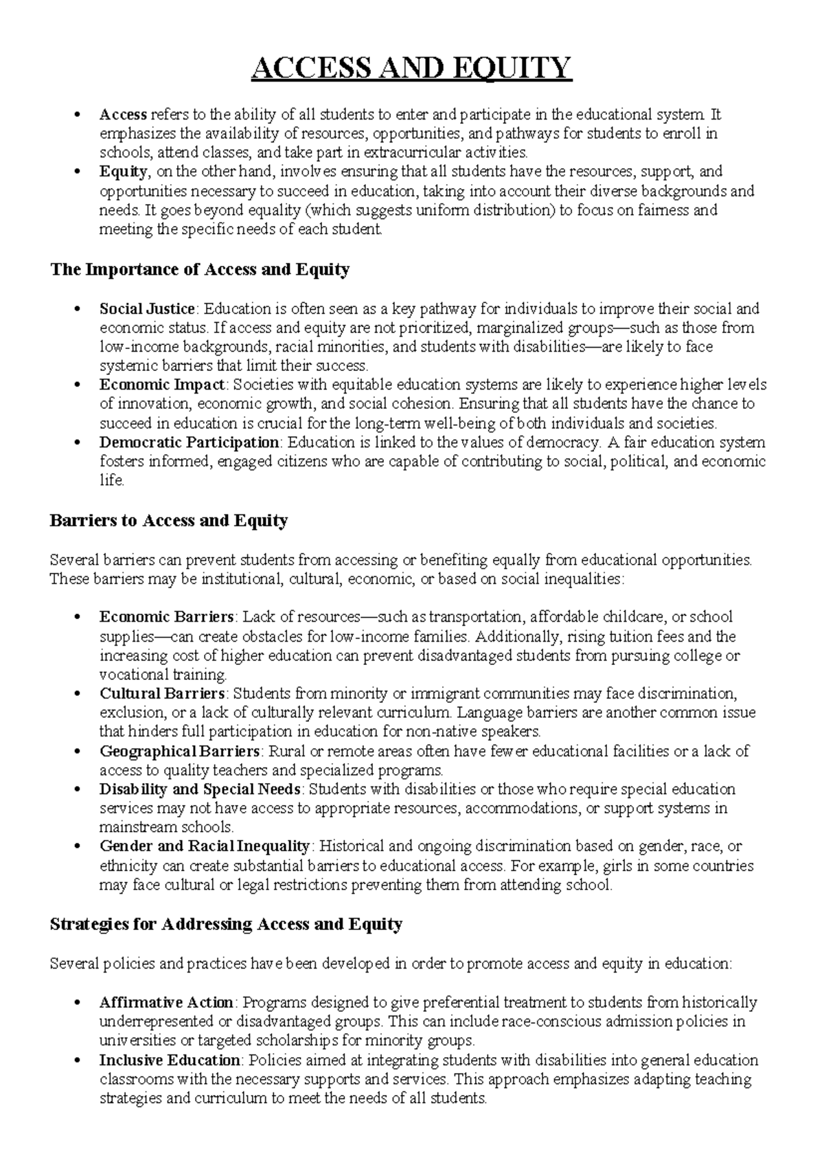 Access AND Equity - Philosophy in education - ACCESS AND EQUITY Access ...